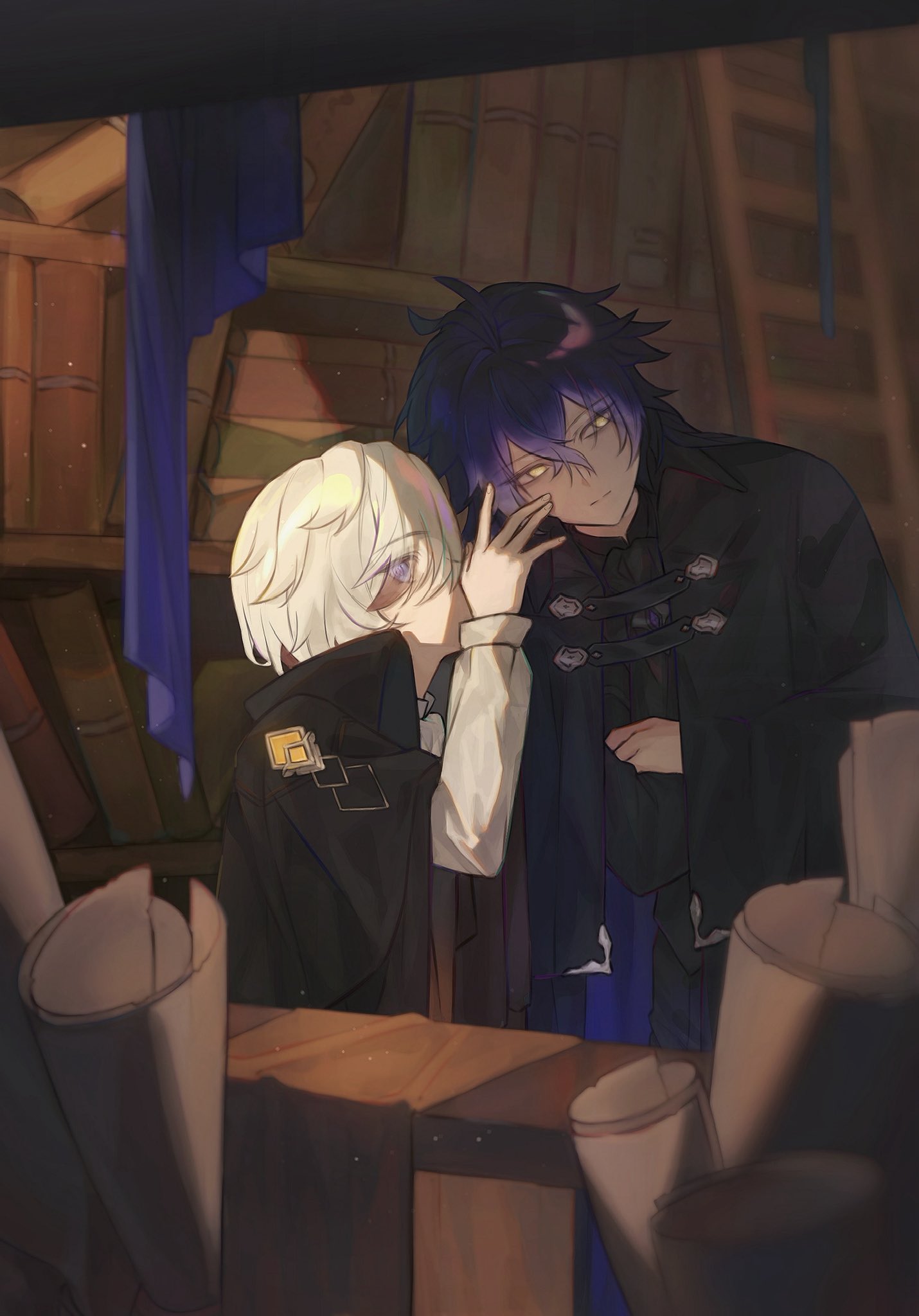 Safebooru - 2boys ahoge blue hair bookshelf closed mouth covered mouth ...