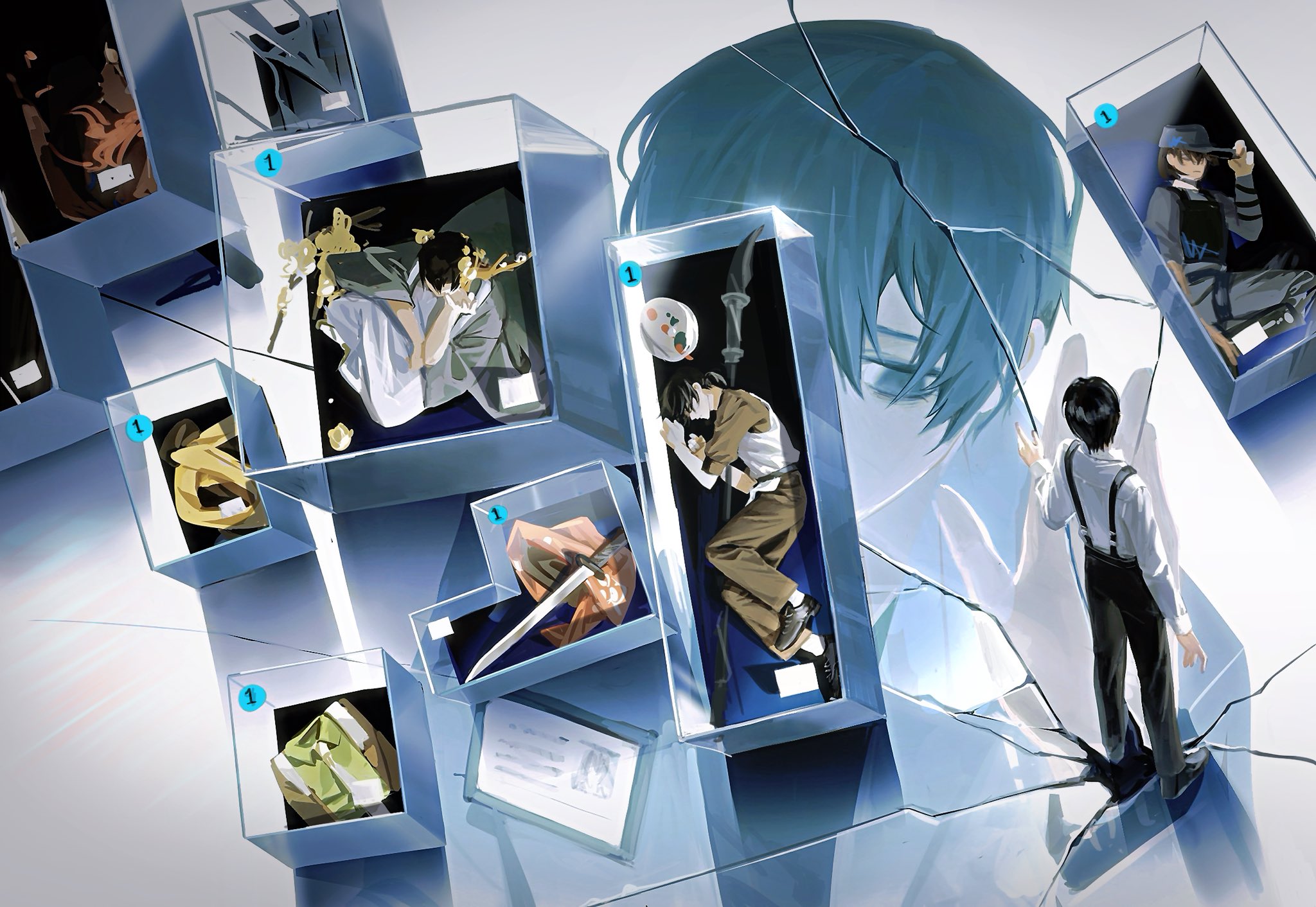 Safebooru - 1boy against glass black eyes black hair box broken glass ...