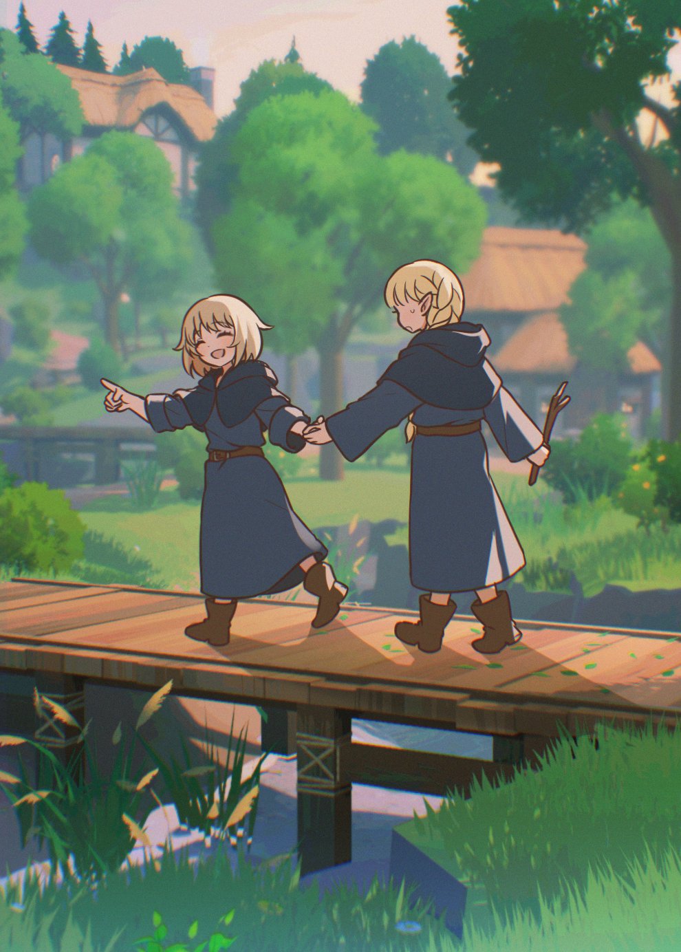 Safebooru - 2girls :d belt blonde hair blue cloak blue robe boots braid ...