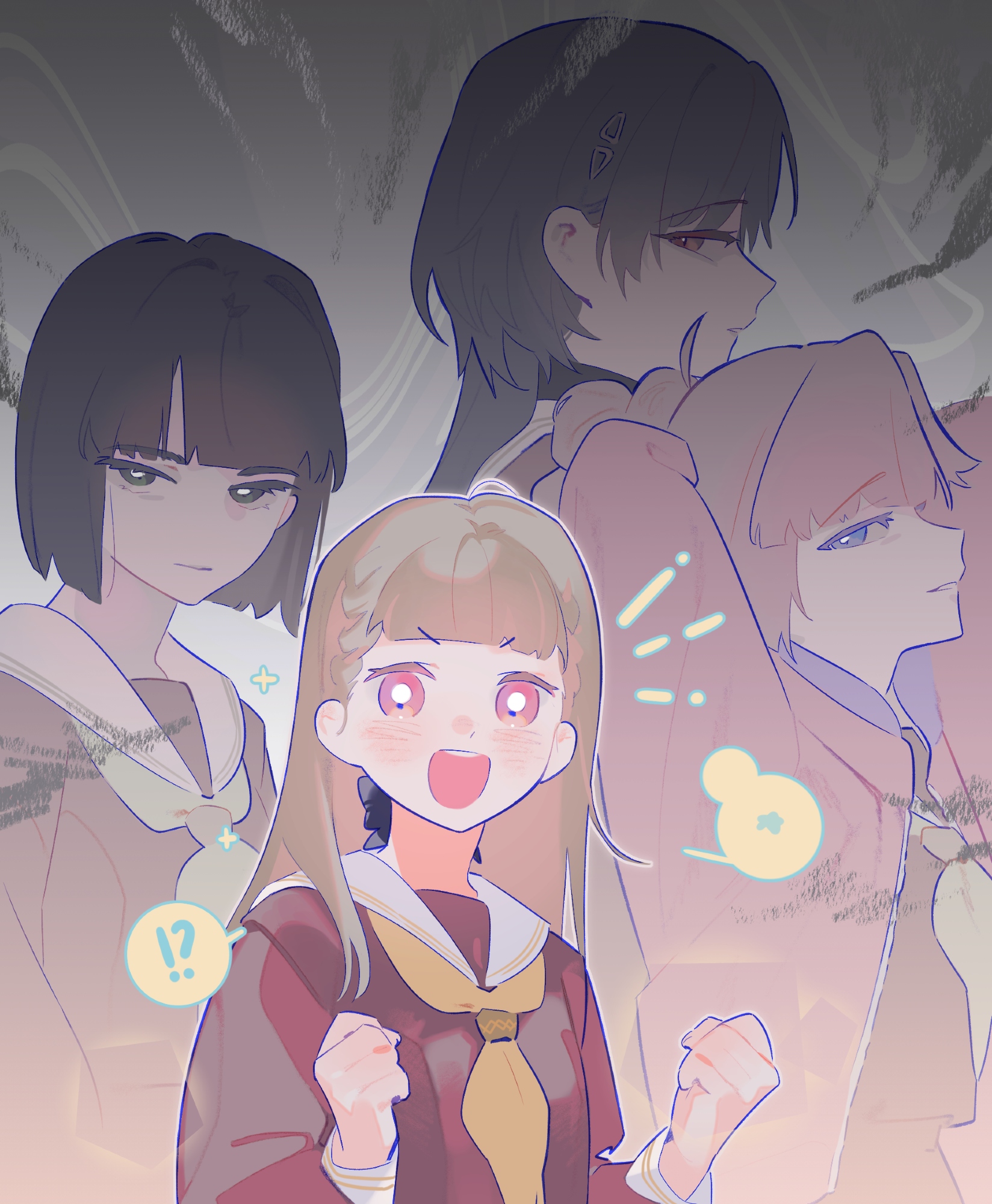 Safebooru - !? 4girls :d anyoji hime arms up black hair blue eyes blunt ...