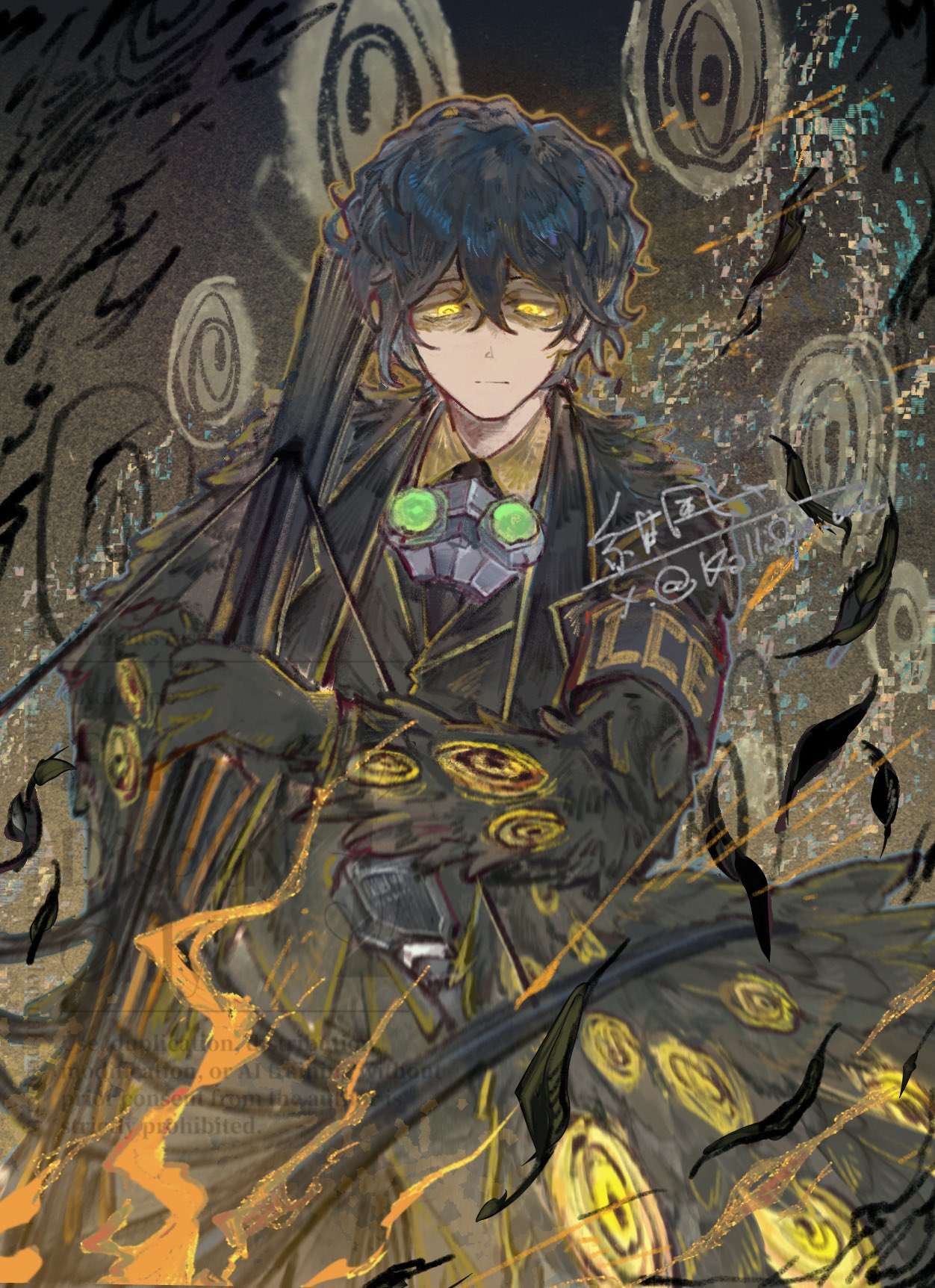 Safebooru - 1boy black feathers black jacket black vest blue hair ...