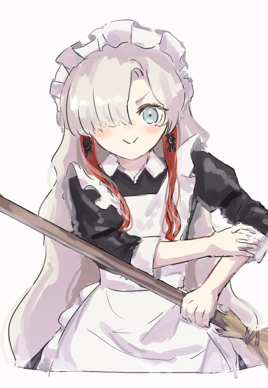 Safebooru - 1girl alternate costume apron black dress blush broom closed mouth collared dress ...