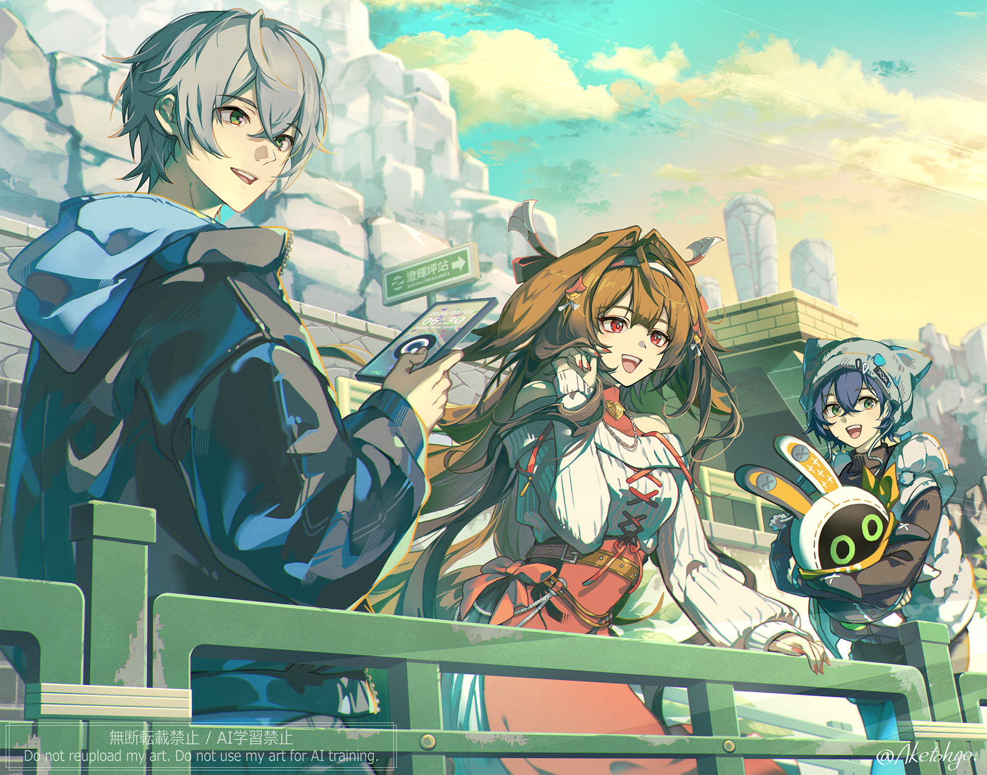 Safebooru - 1boy 2girls aketohgo bandana bandana around neck bangboo ...