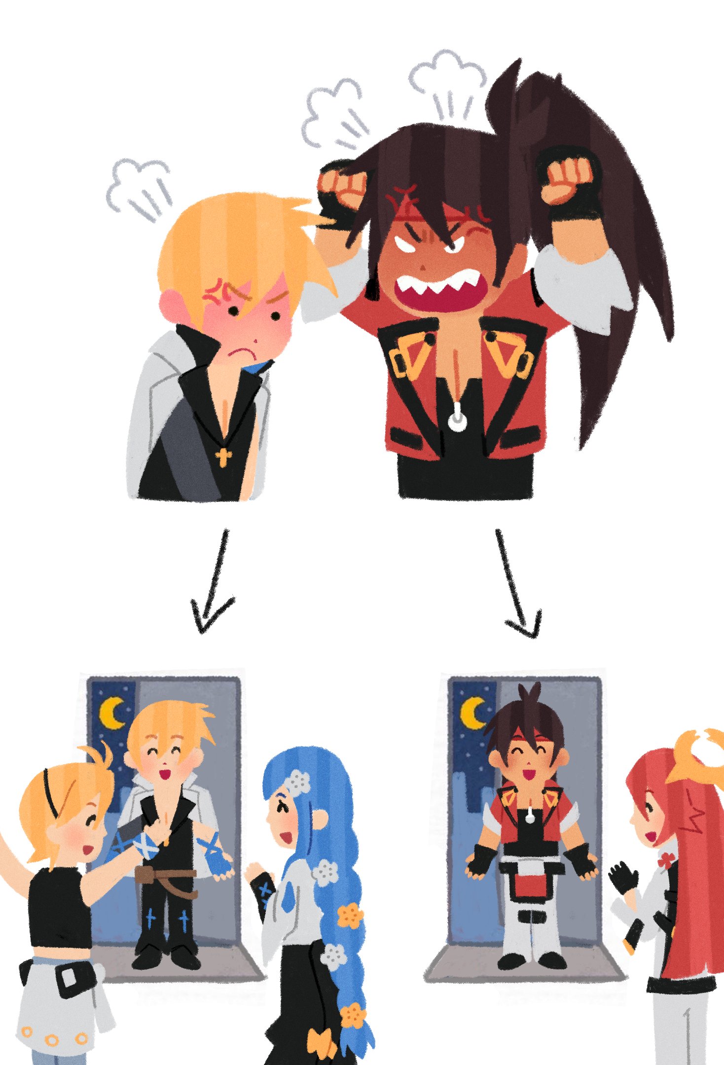 Safebooru - 2girls 3boys :d ^ ^ anger vein angry angry boss with happy ...