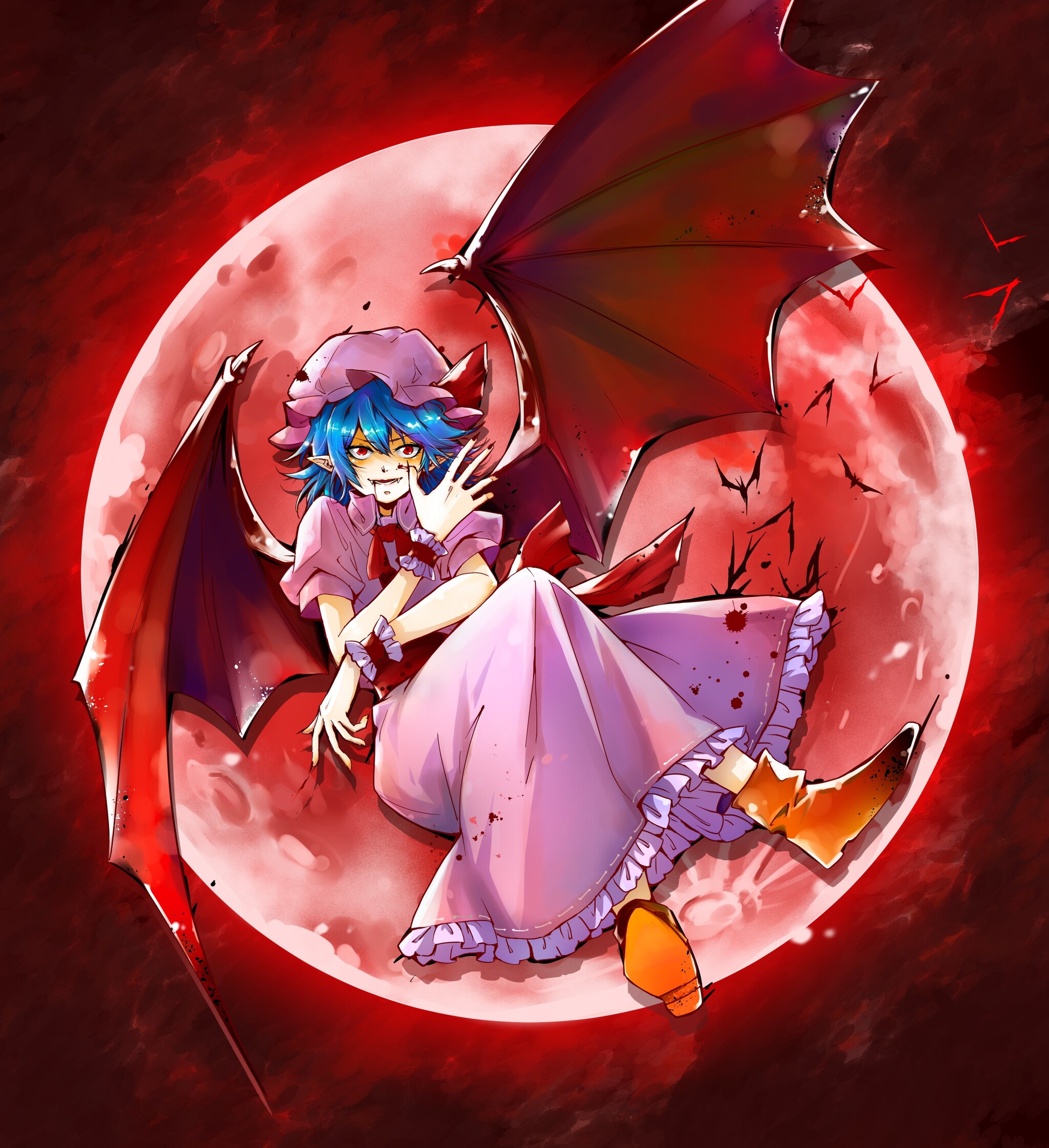 Safebooru - 1girl back bow bat (animal) bat wings blood blood from ...
