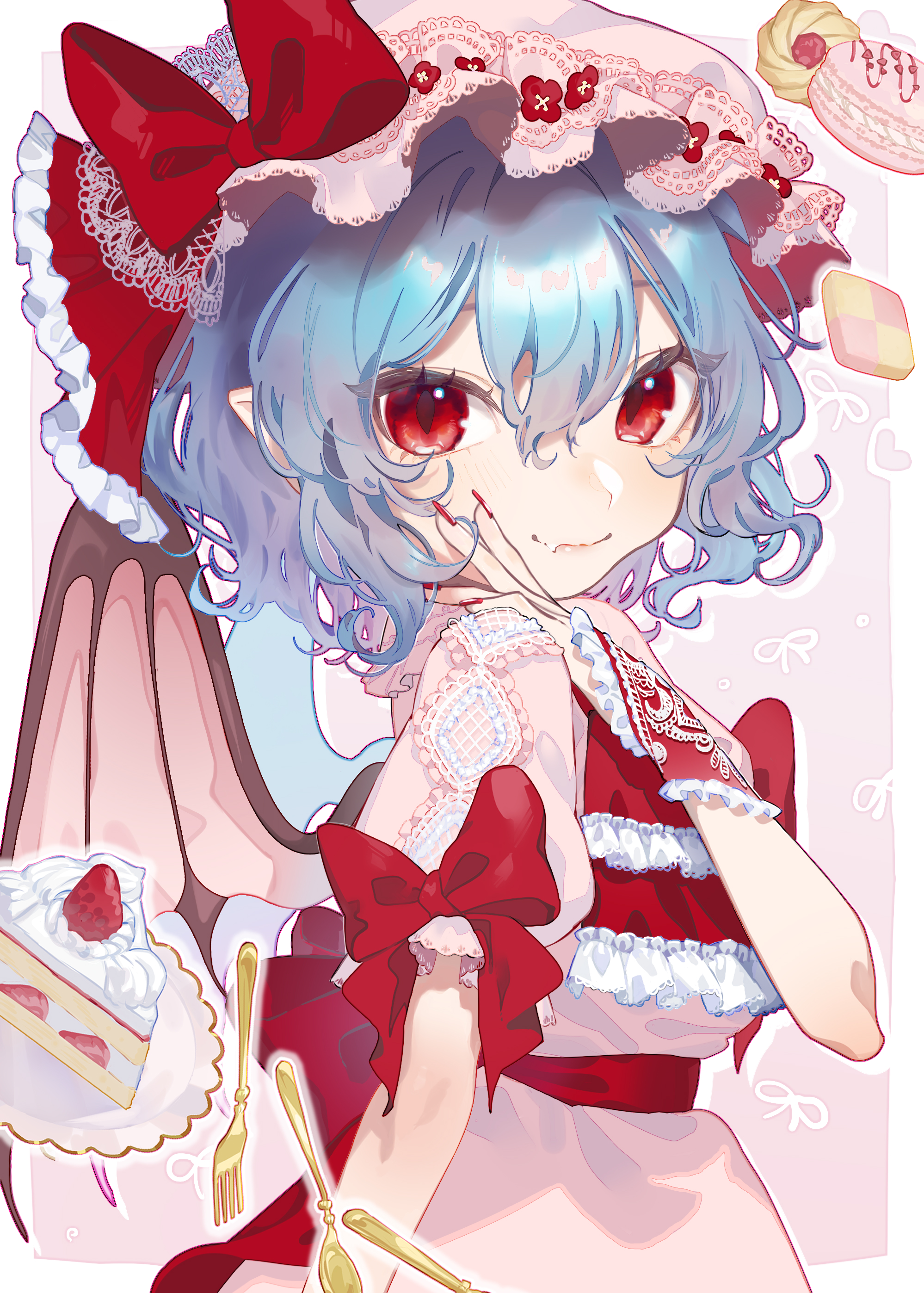 Safebooru - 1girl absurdres bat wings blue hair border cake cowboy shot ...