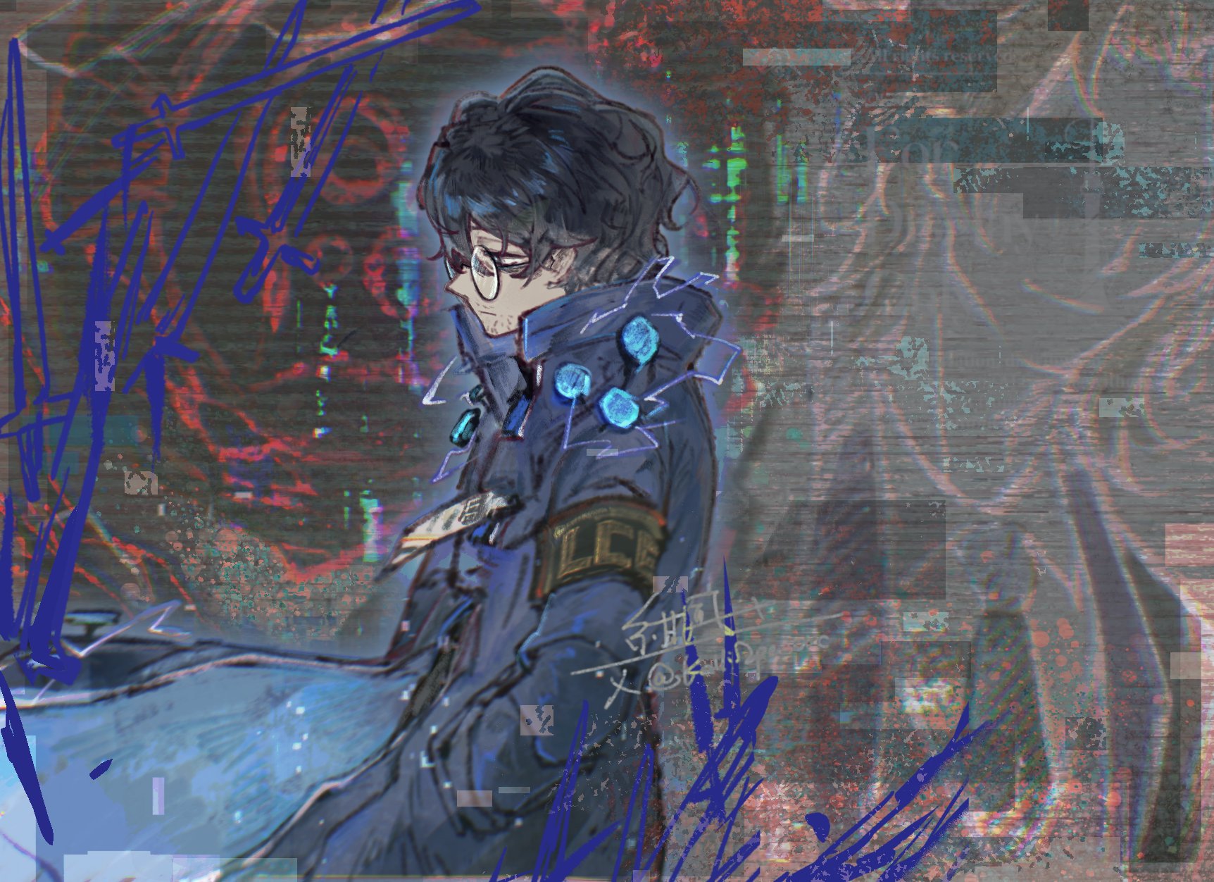 Safebooru - 2boys aedd (e.g.o) armband bags under eyes beard stubble ...