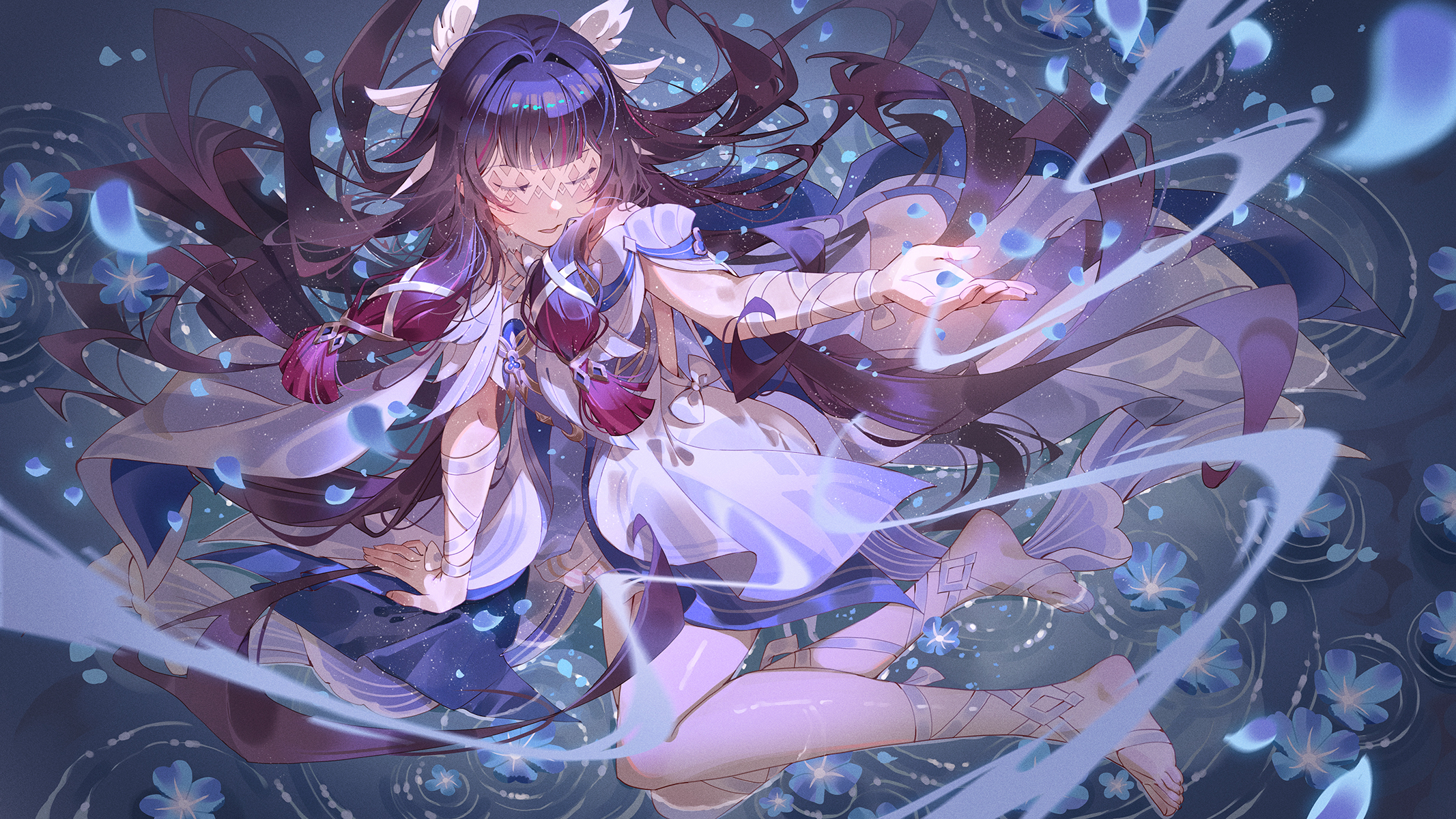 Safebooru - 1girl barefoot black hair blue flower blue petals closed ...