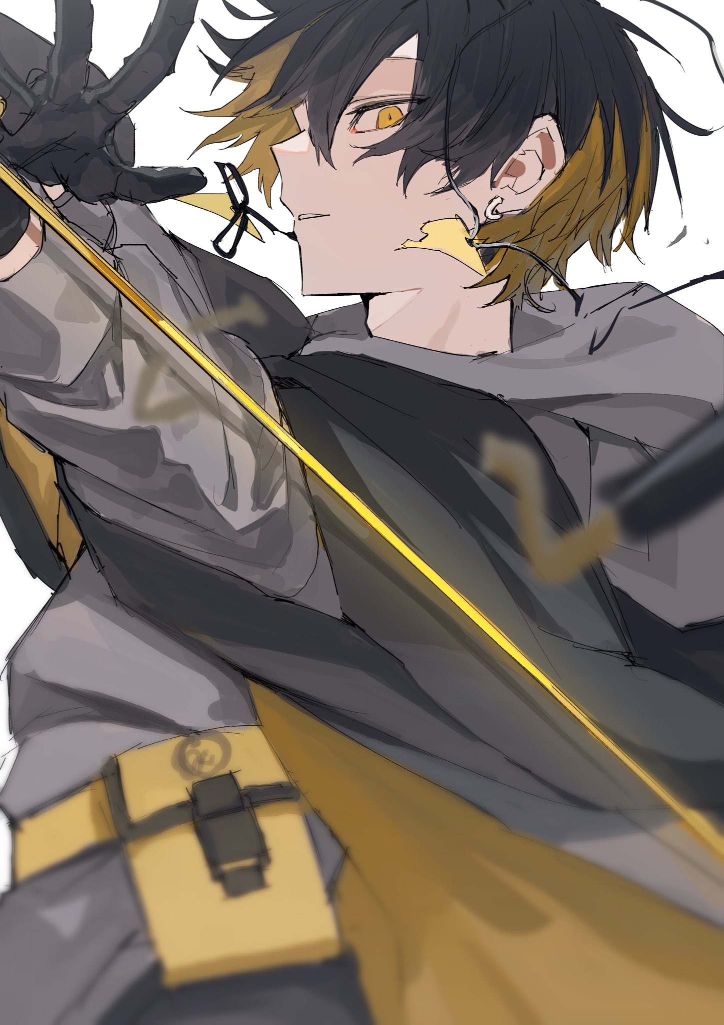 Safebooru - 1boy belt belt pouch black coat black gloves black hair blonde hair blurry blurry ...