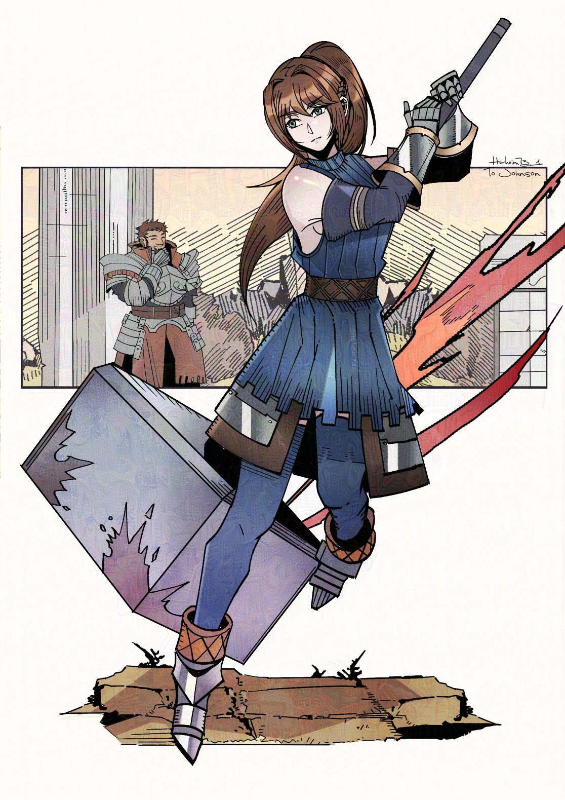 Safebooru - 1boy 1girl armor armored dress bare shoulders beard blue ...