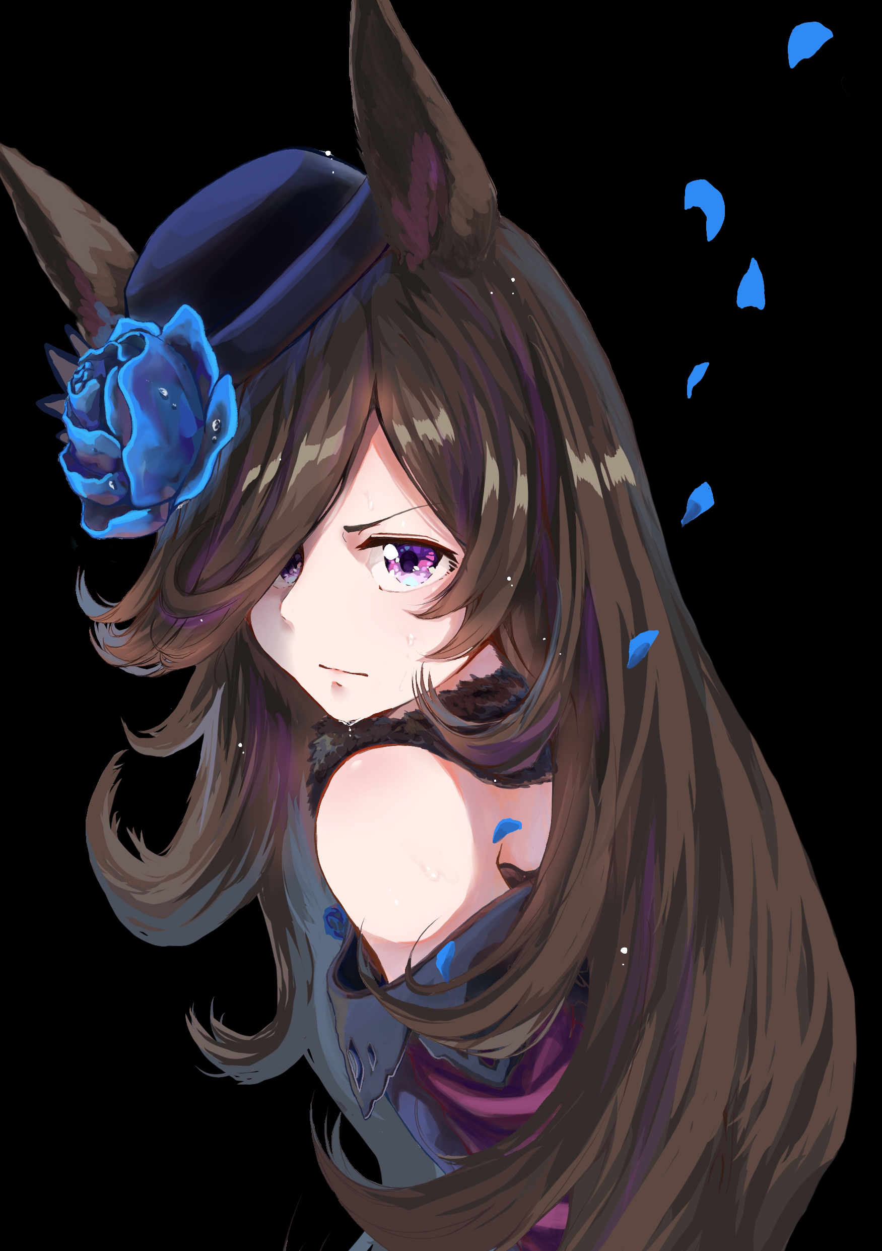 Safebooru - 1girl absurdres animal ears black background blue flower ...