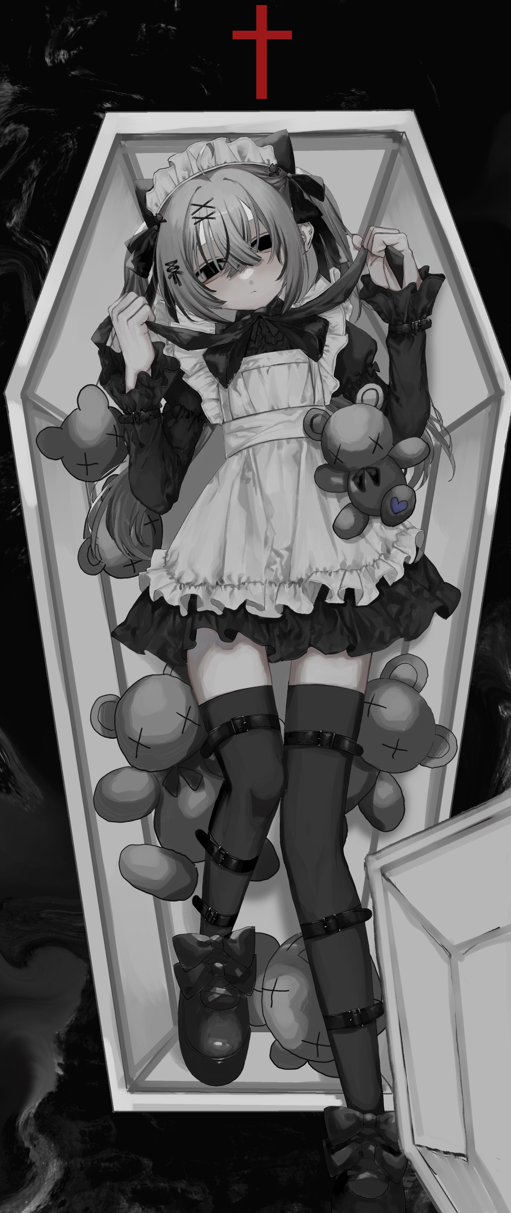 Safebooru - 1girl absurdres ankle belt apron belt black background black belt black bow black ...