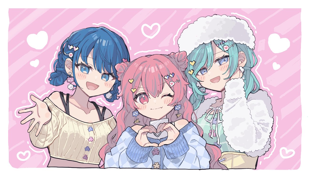 Safebooru - 3girls :d ;) blue eyes blue hair blue sweater blush braid ...