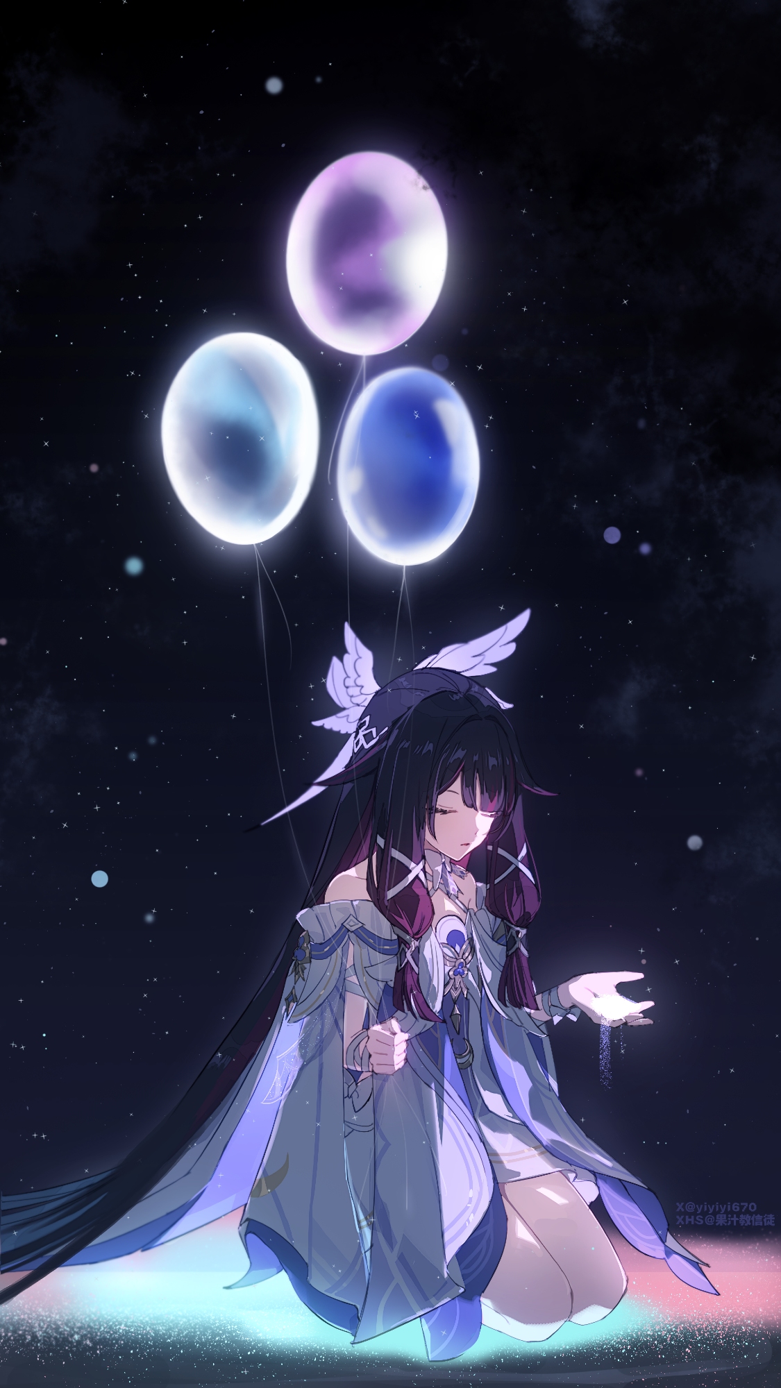 Safebooru - 1girl balloon bare shoulders black hair black sky closed ...