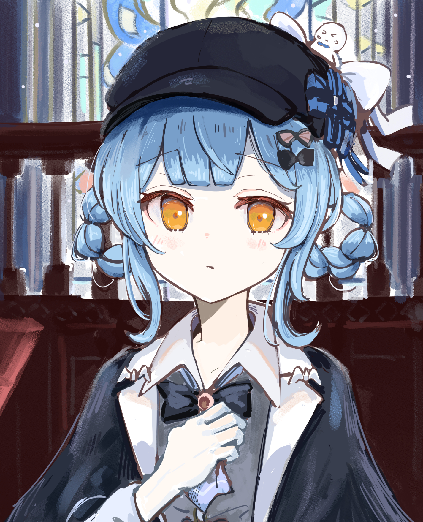 Safebooru - 1girl black bow black capelet black hat blue hair bow braid ...