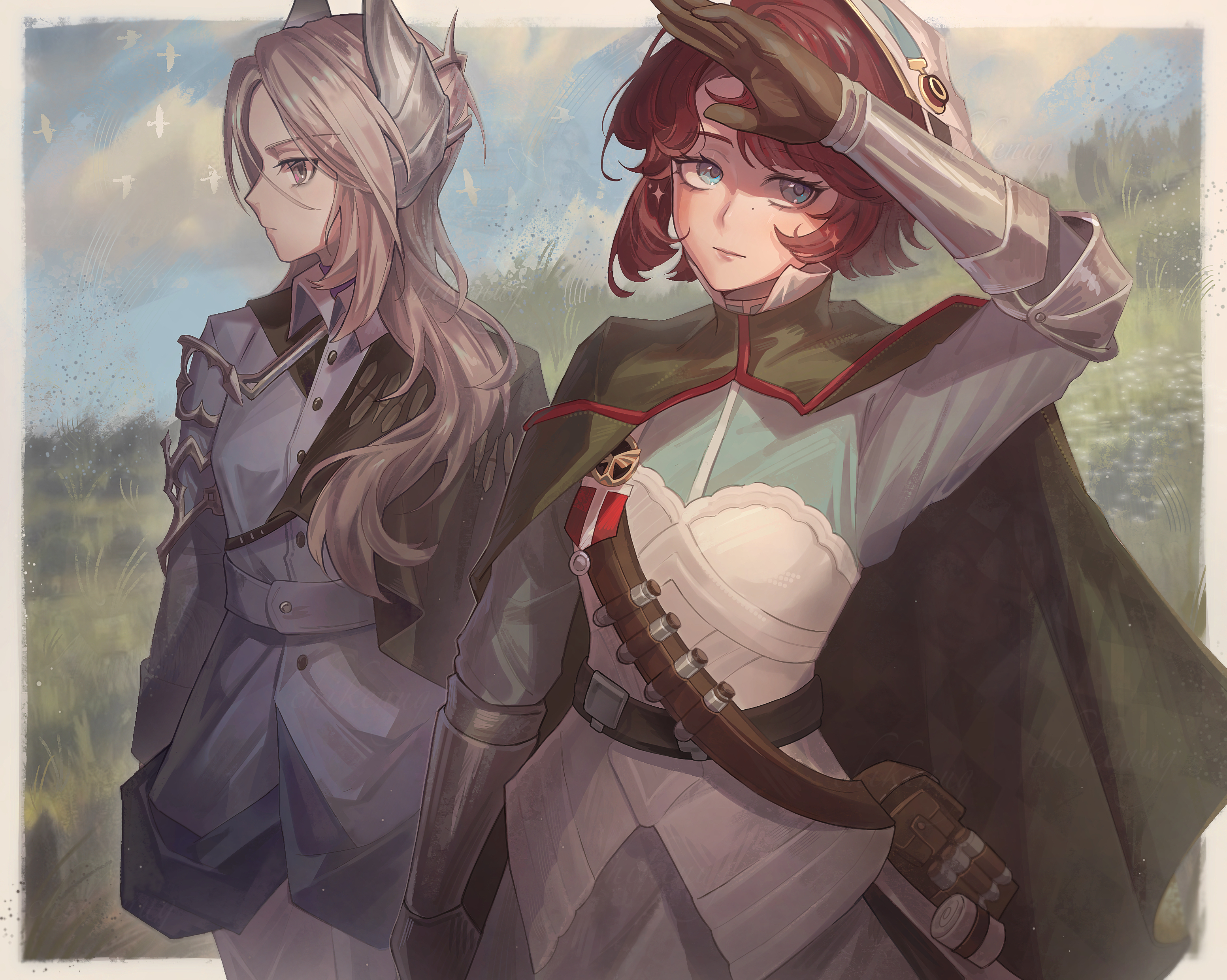 Safebooru - 2girls absurdres arm up badge belt belt pouch black cape ...