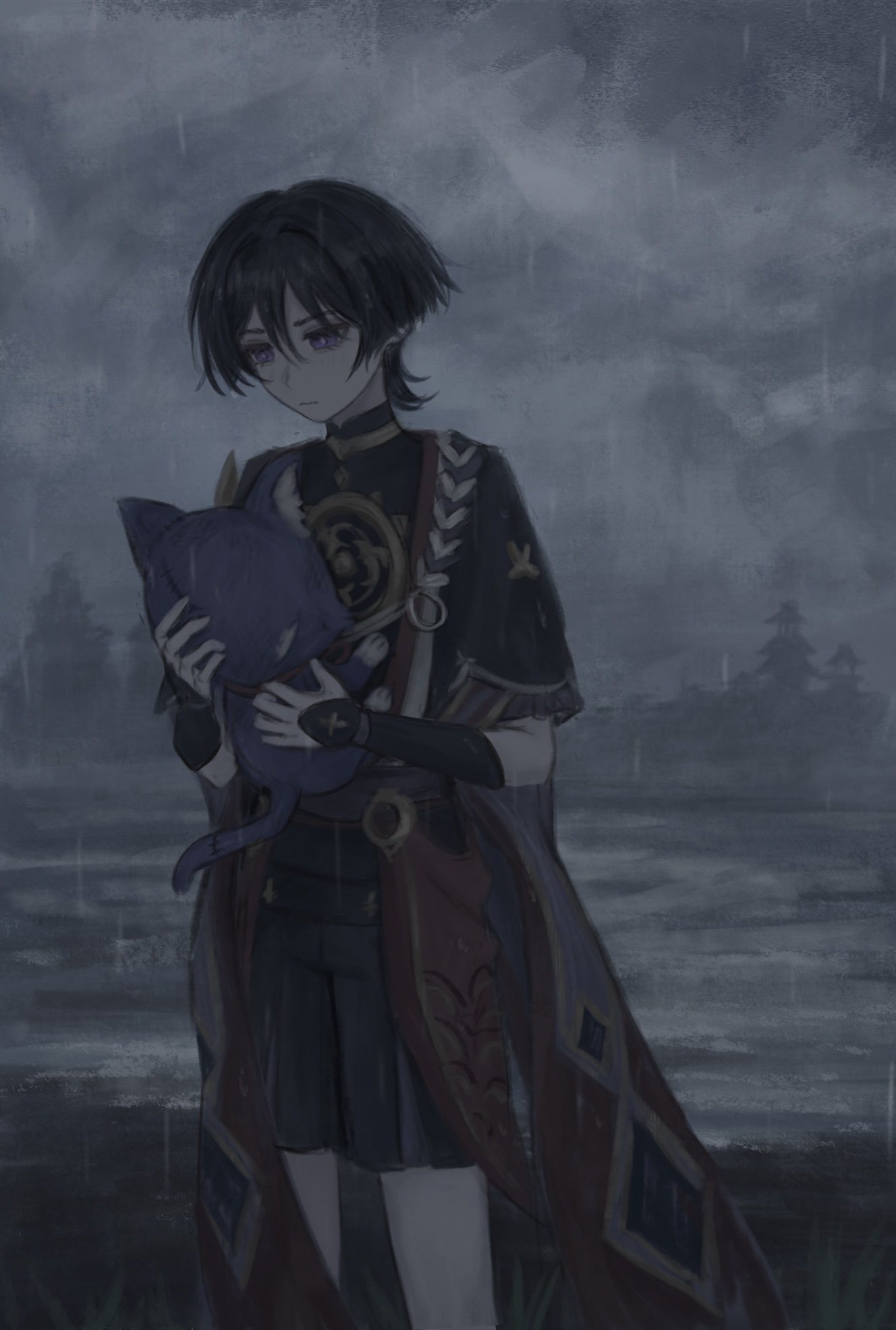 Safebooru - 1boy armor black bodysuit black cat black hair black kimono ...