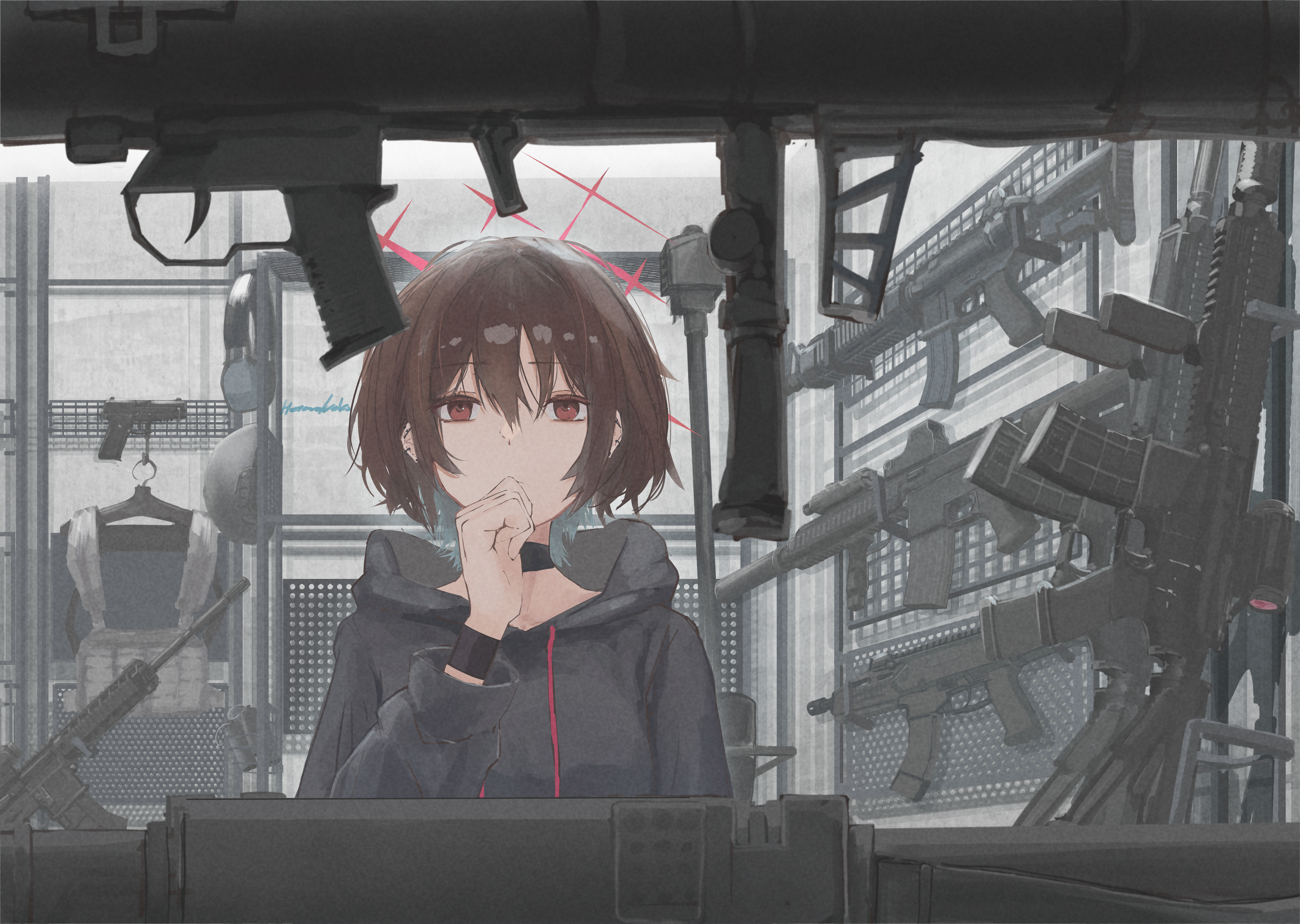 Safebooru - 1girl absurdres armory artist name assault rifle barbell ...