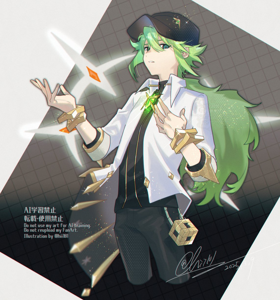 Safebooru - 1boy black hat cropped legs green eyes green hair halo hat ...