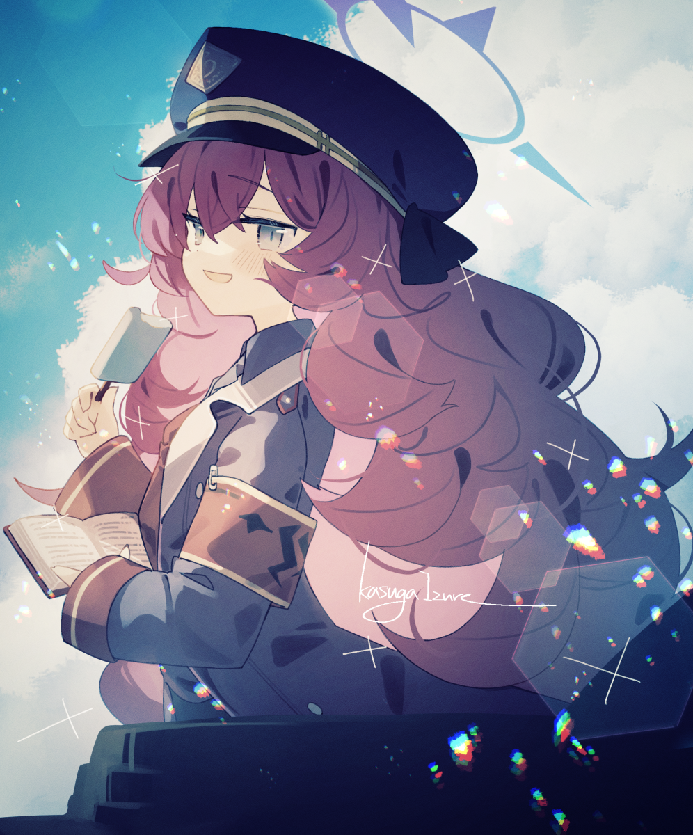 Safebooru - 1girl artist name blue archive blue eyes blue sky blush book clouds commentary ...