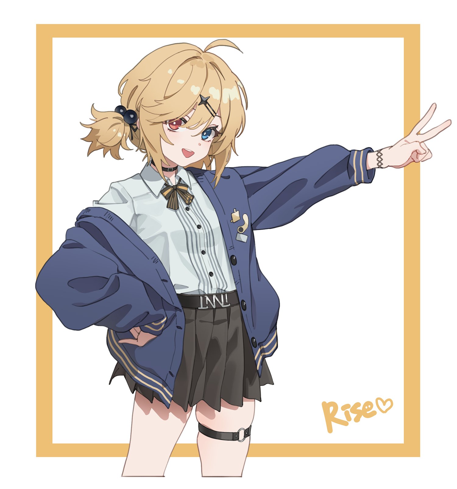 Safebooru - 1girl ahoge black skirt blonde hair blue eyes blue sweater border cardigan character ...