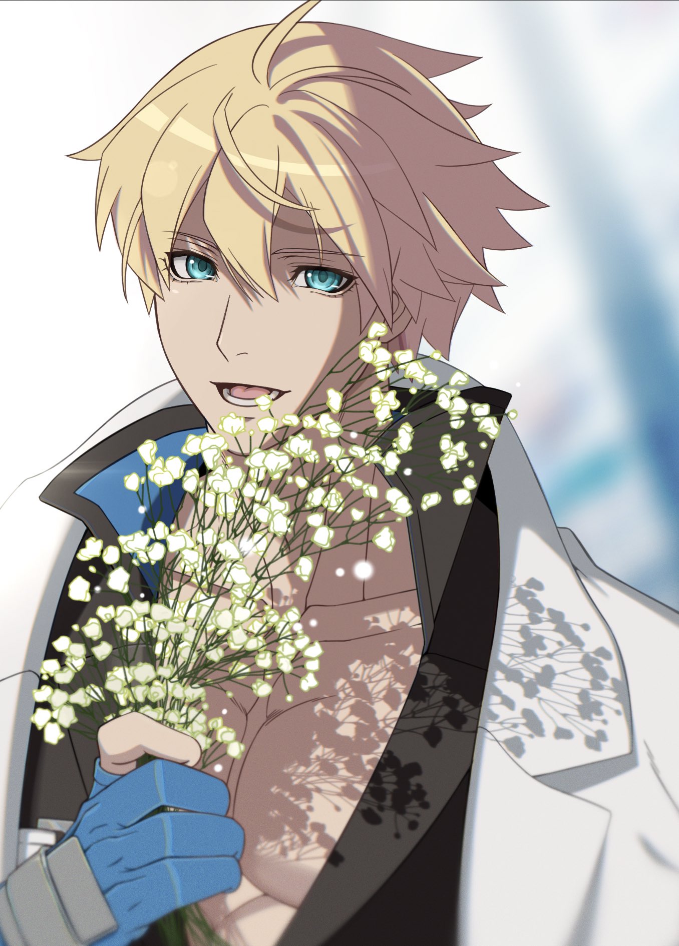 Safebooru - 1boy aqua eyes ark1478 bishounen blonde hair blue gloves blue hair bouquet ...