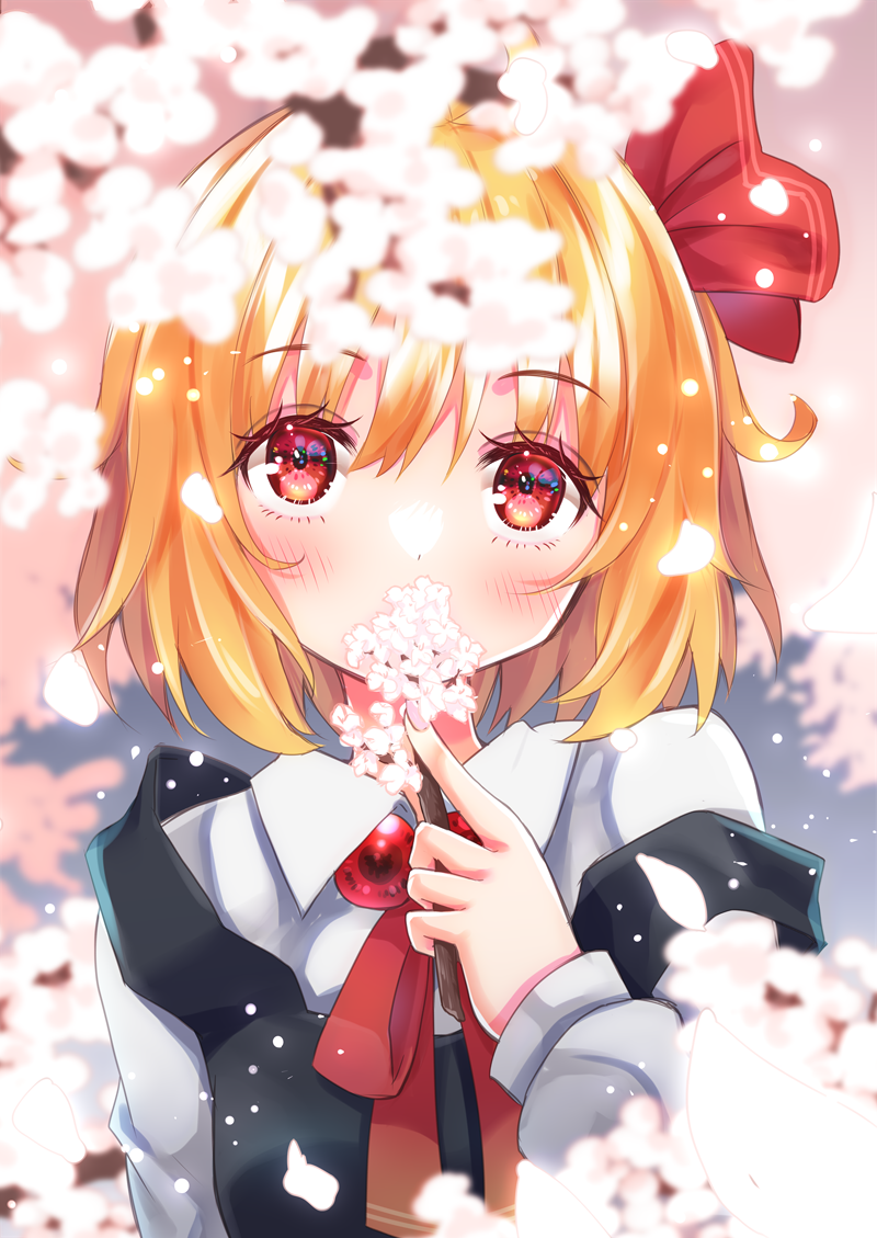Safebooru - 1girl black vest blonde hair branch cherry blossoms collared shirt fingernails hair ...