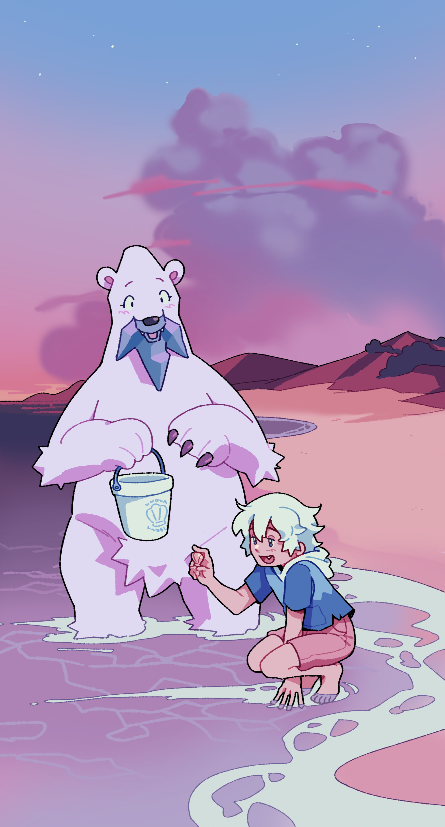 Safebooru - 1boy absurdres barefoot beach beartic blue eyes blue shirt ...