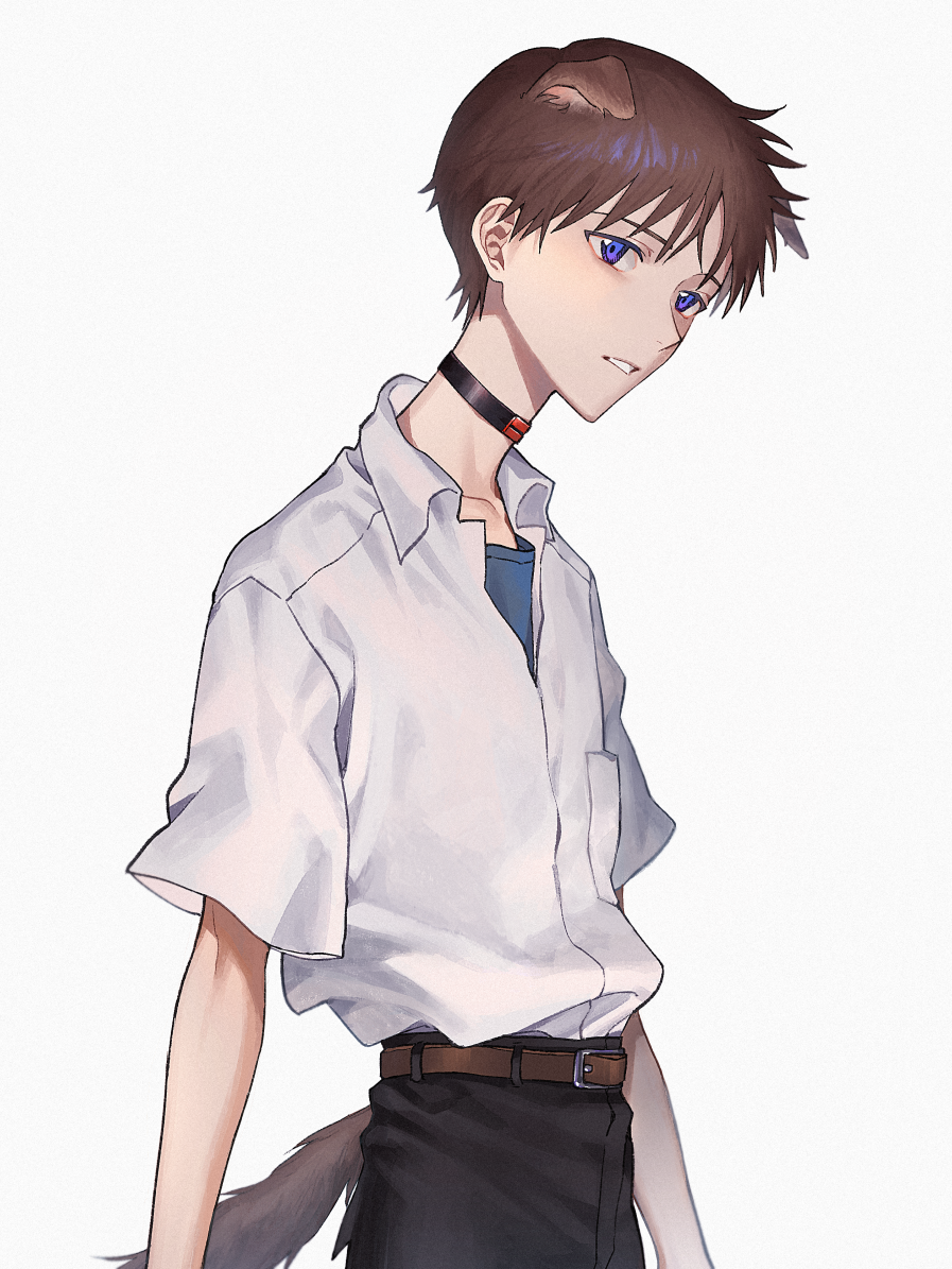Safebooru - 1boy belt black choker black pants blue eyes blue shirt brown belt brown hair choker ...