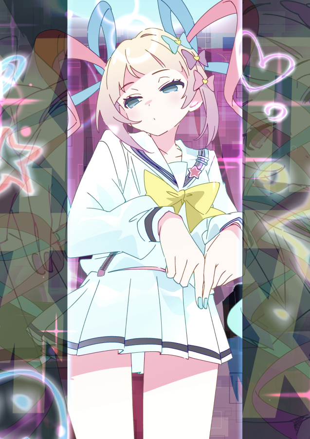 Safebooru - 1girl abstract background blonde hair blue bow blue eyes blue hair blush bow ...