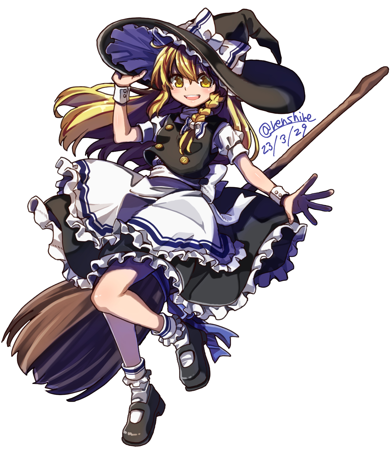 Safebooru - 1girl black footwear black headwear blonde hair bow braid broom dated full body hand ...