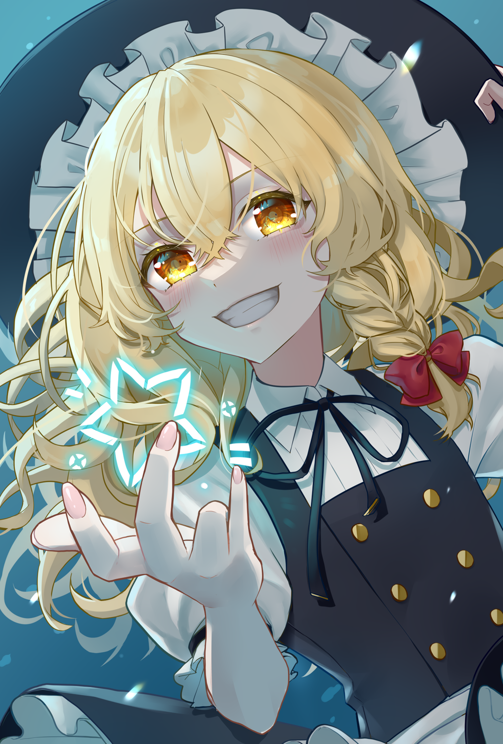 Safebooru - 1girl apron black headwear blonde hair bow braid fingernails flat chest ...