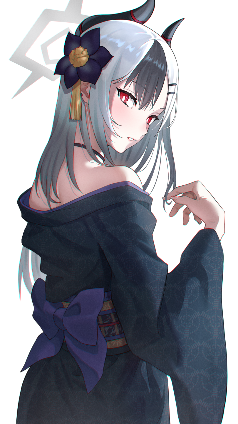 Safebooru - 1girl black choker black flower black hair black kimono blue archive blue bow blush ...