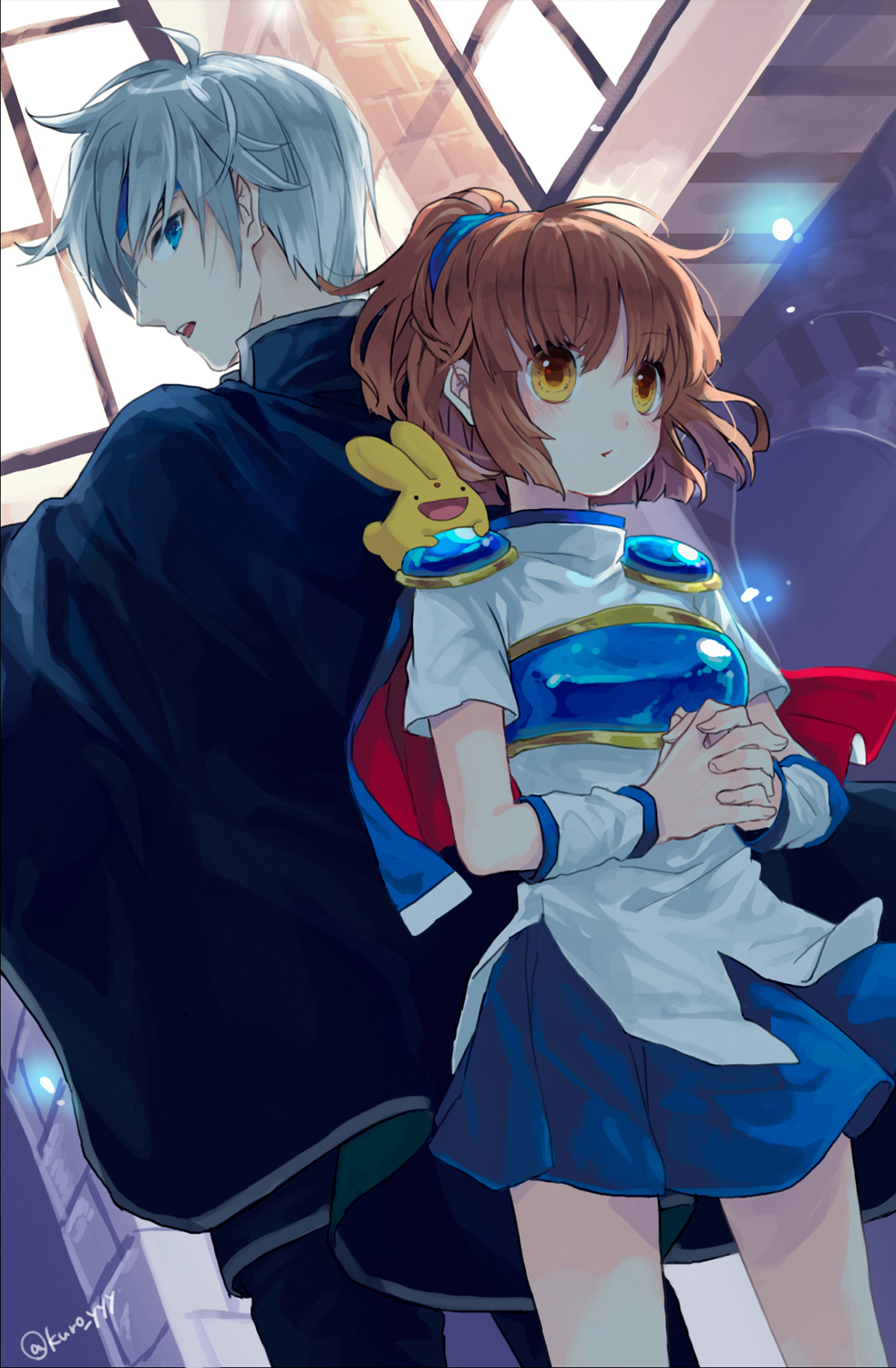 Safebooru - 1boy 1girl arle nadja armor artist name back-to-back blue eyes blue headband blunt ...