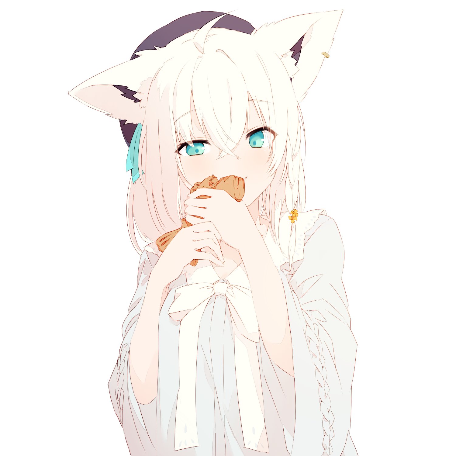 Safebooru - 1girl ahoge animal ear fluff animal ears blue eyes crossed bangs ear piercing eating ...