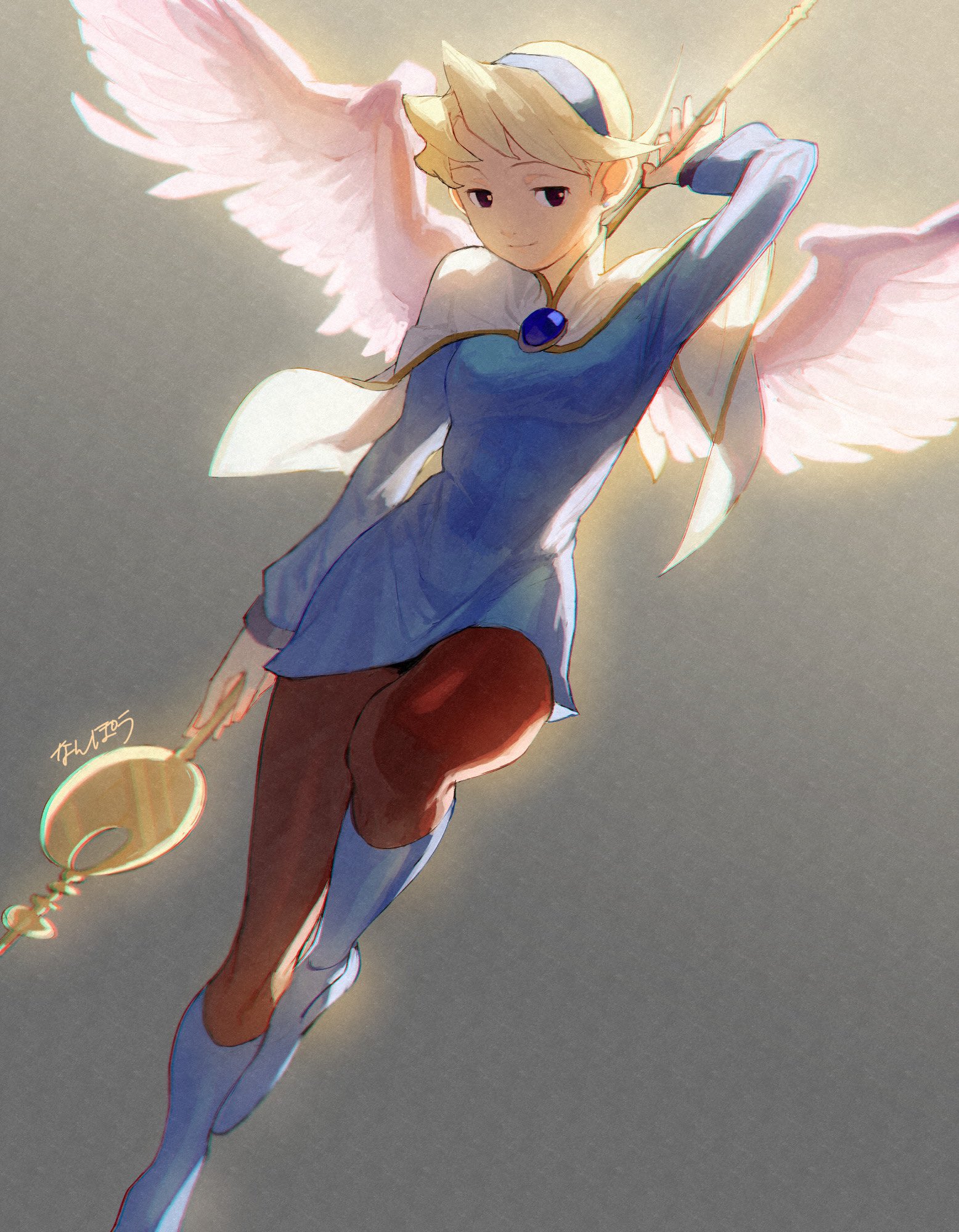 Safebooru - 1girl arm behind head artist name blonde hair blue dress blue footwear blue hairband ...