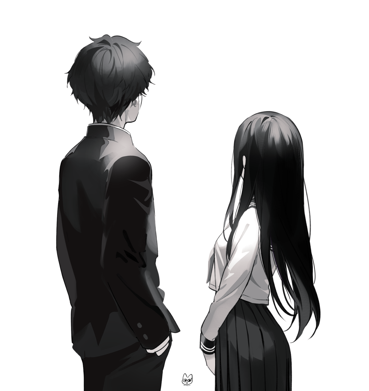 Safebooru - 1boy 1girl artist logo black hair black jacket black pants black sailor collar black ...