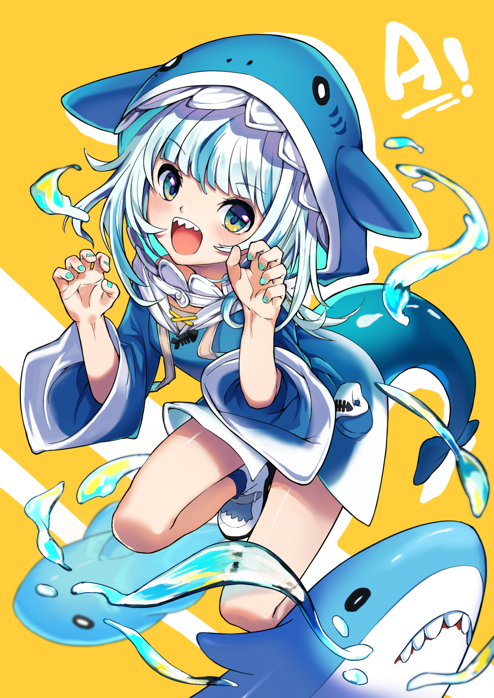 Safebooru - 1girl a (phrase) animal hood blue eyes blue hoodie blue nails fins fish tail gawr ...