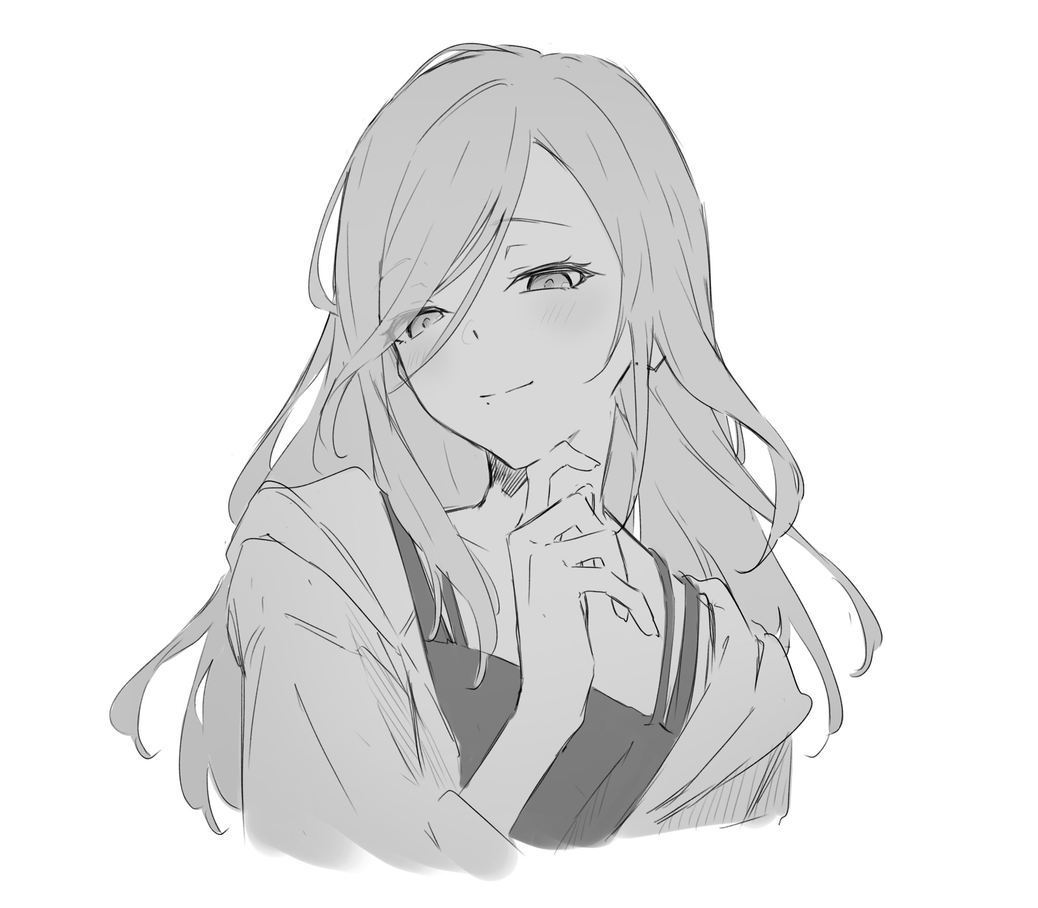 Safebooru - 1girl blush closed mouth greyscale hair between eyes ...