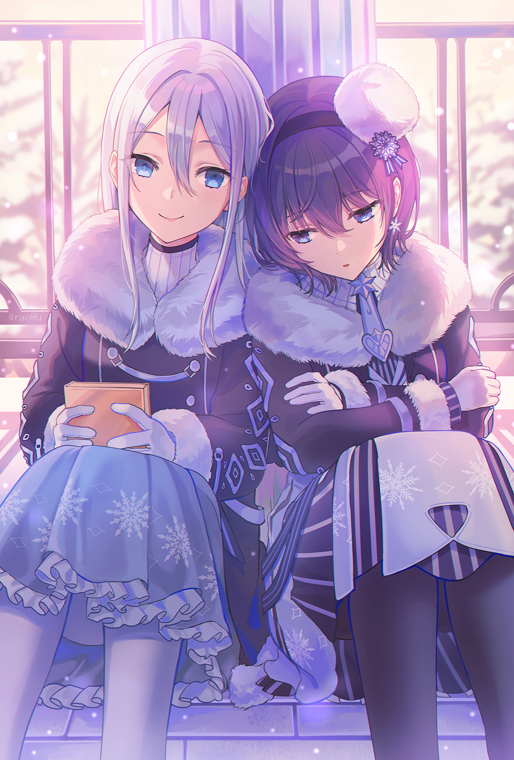 Safebooru - 2girls against pillar asahina mafuyu black hair black hairband black jacket black ...