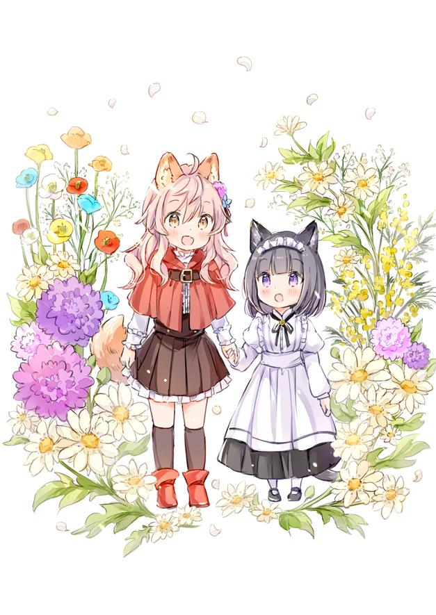Safebooru - 2girls :d aged down ahoge animal ear fluff animal ears apron black footwear black ...