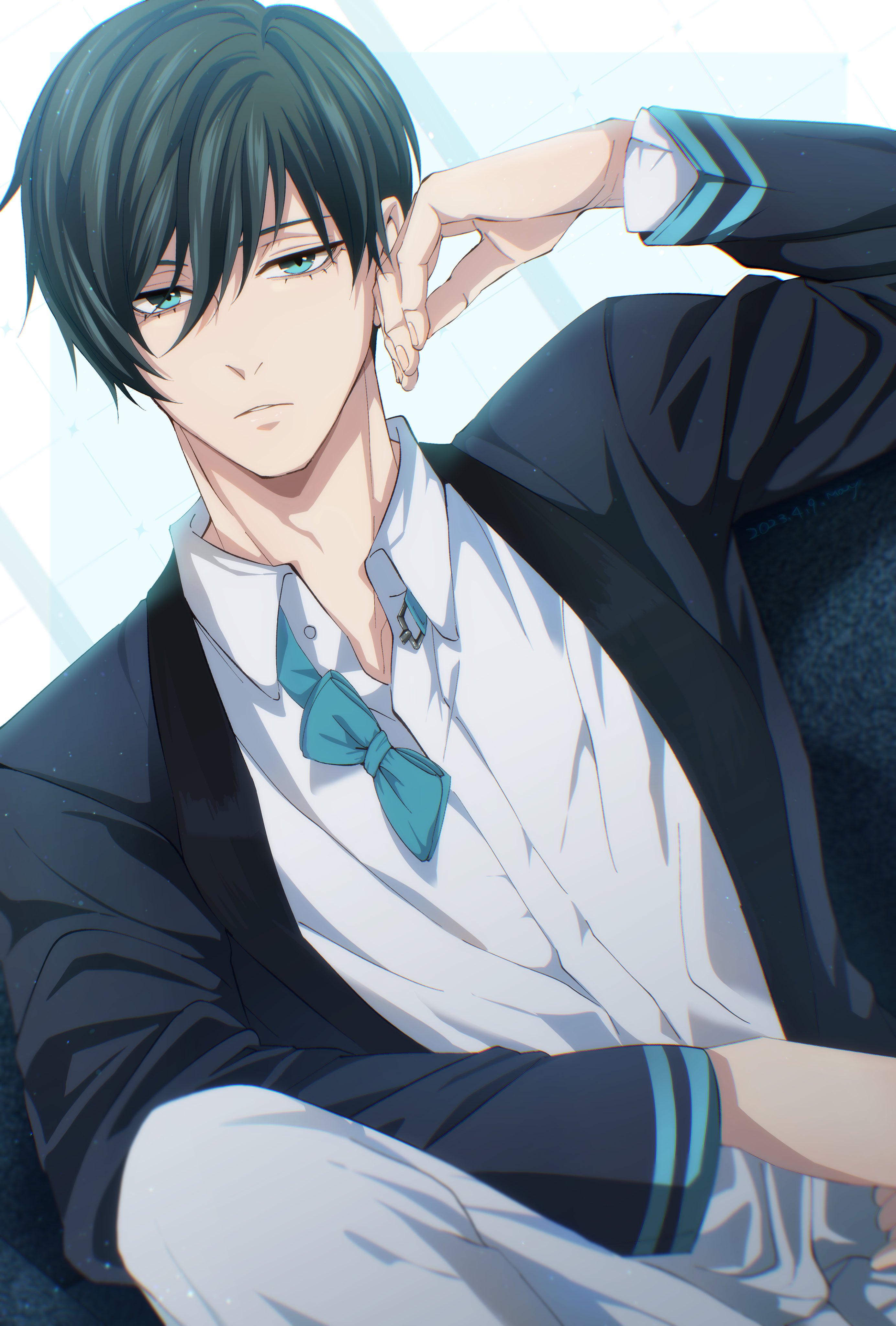 Safebooru - 1boy absurdres arm up black hair black jacket blue bow blue bowtie blue eyes blue ...