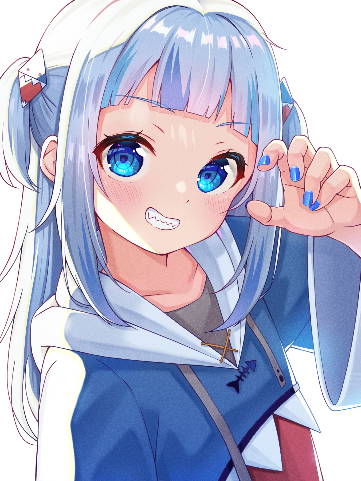 Safebooru - 1girl blue eyes blue hair blue hoodie blue nails blunt bangs blush claw pose ...