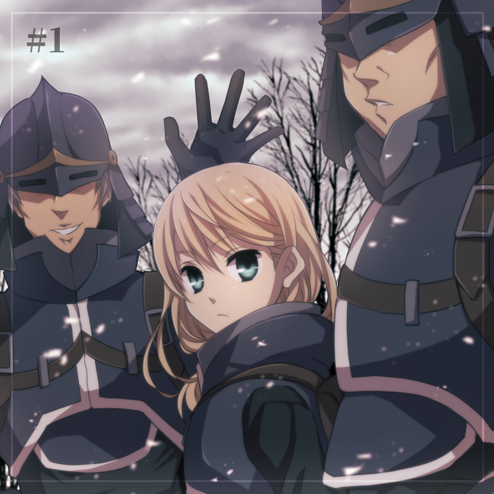 Safebooru - 1girl 2boys armor bare tree blonde hair breastplate eiyuu densetsu gloves green eyes ...