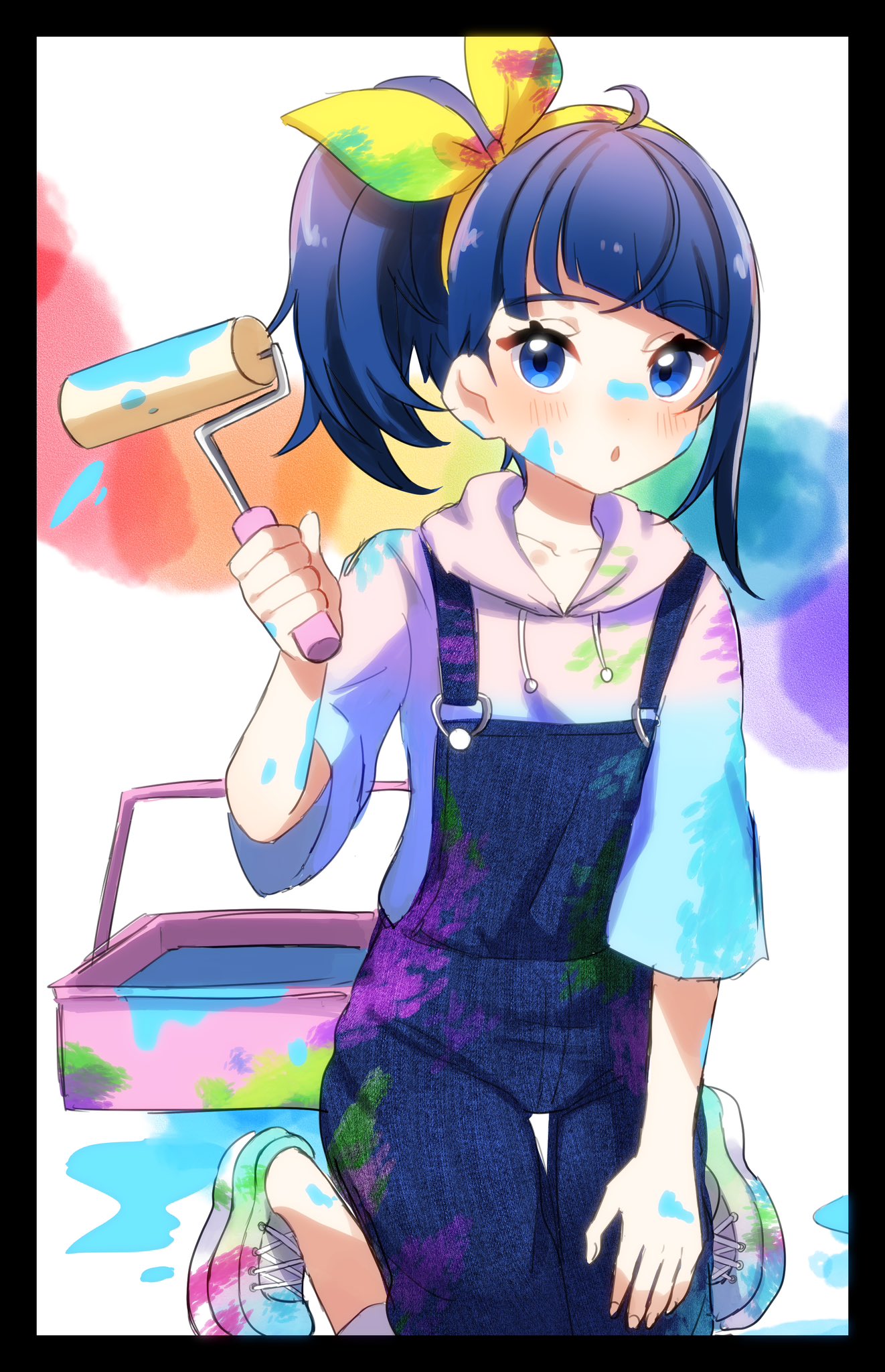 Safebooru - 1girl ahoge blue eyes blue hair blue overalls blush bow commentary request hair bow ...