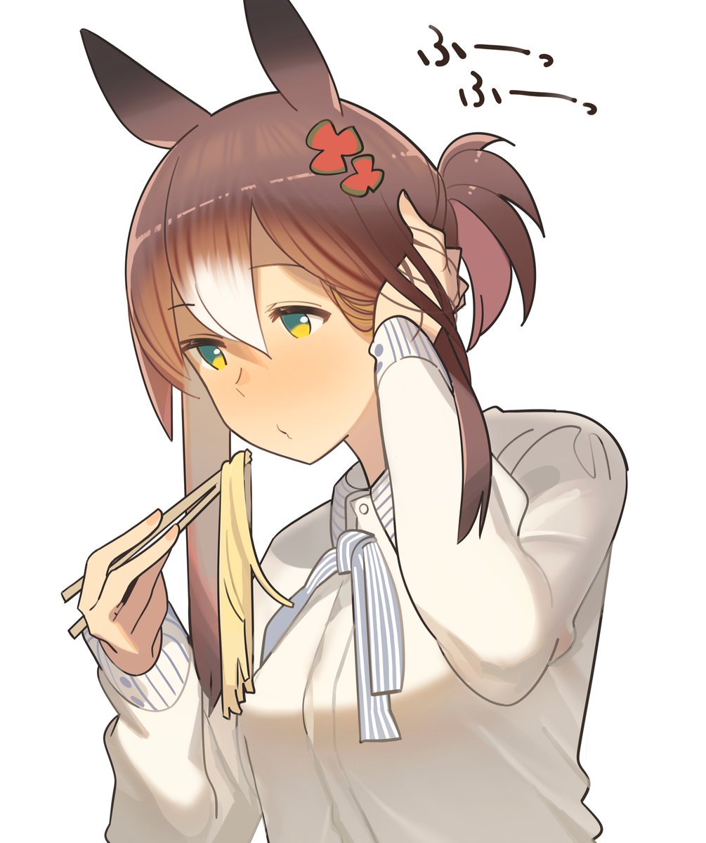 Safebooru - 1girl animal ears ashinowoto blowing on food breasts brown hair chopsticks clover ...