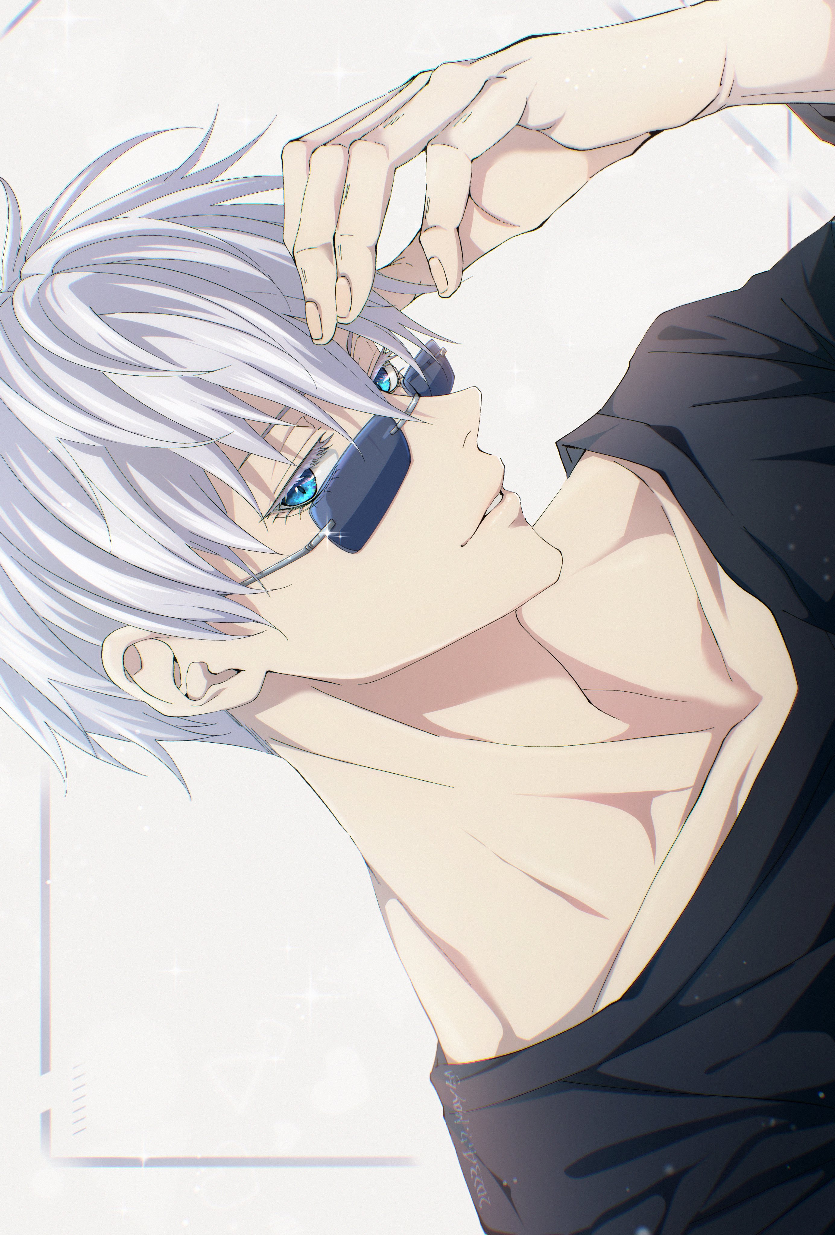 Safebooru - 1boy absurdres black shirt blue eyes collarbone gojou ...