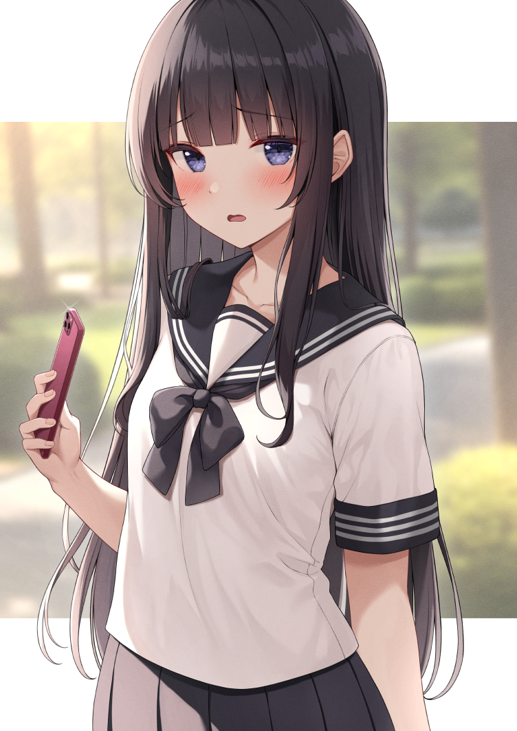 Safebooru - 1girl black hair black sailor collar blue eyes blunt bangs blurry blurry background ...
