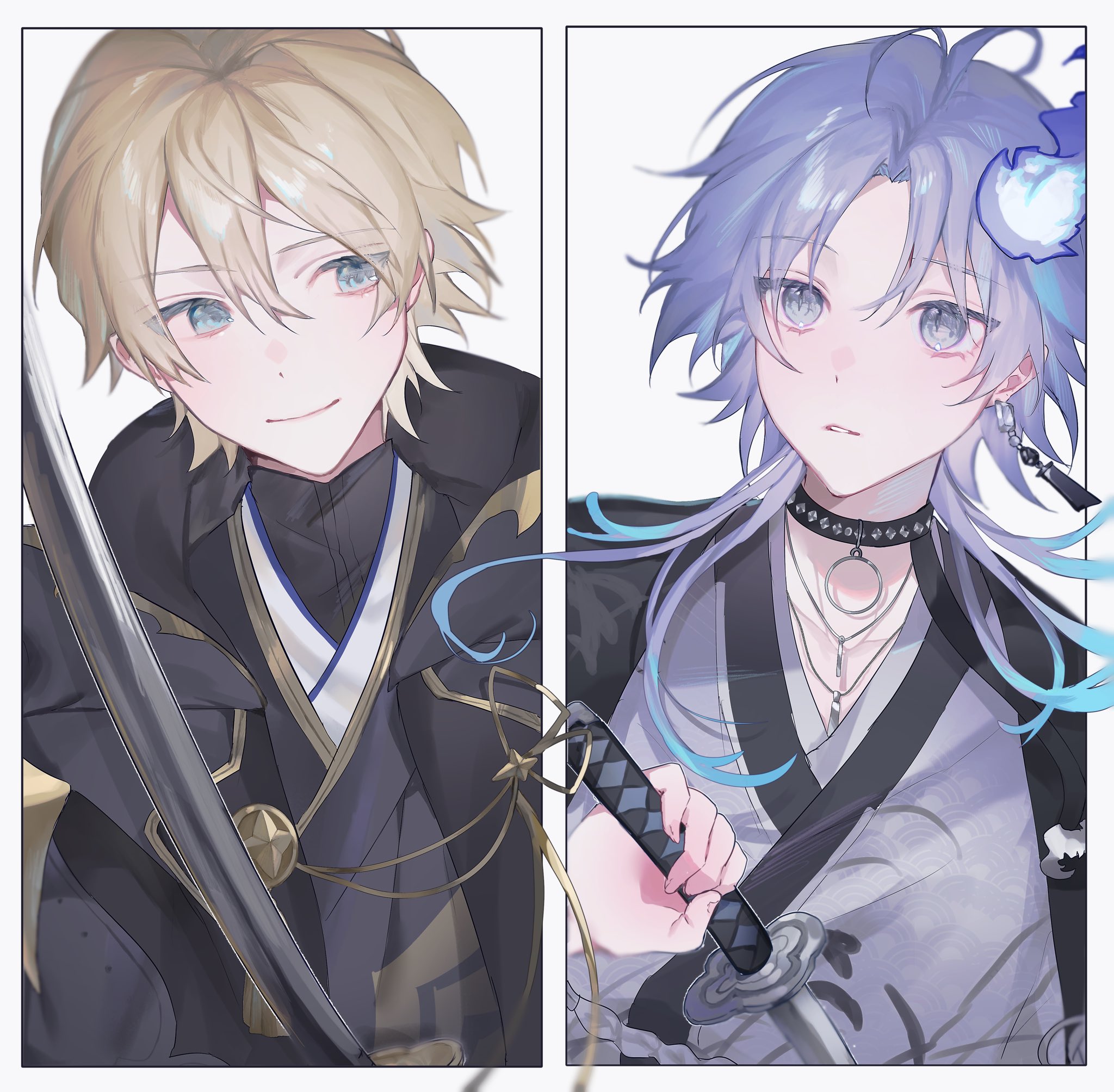 Safebooru - 10 io 2boys antenna hair black choker black jacket black kimono black shirt blonde ...