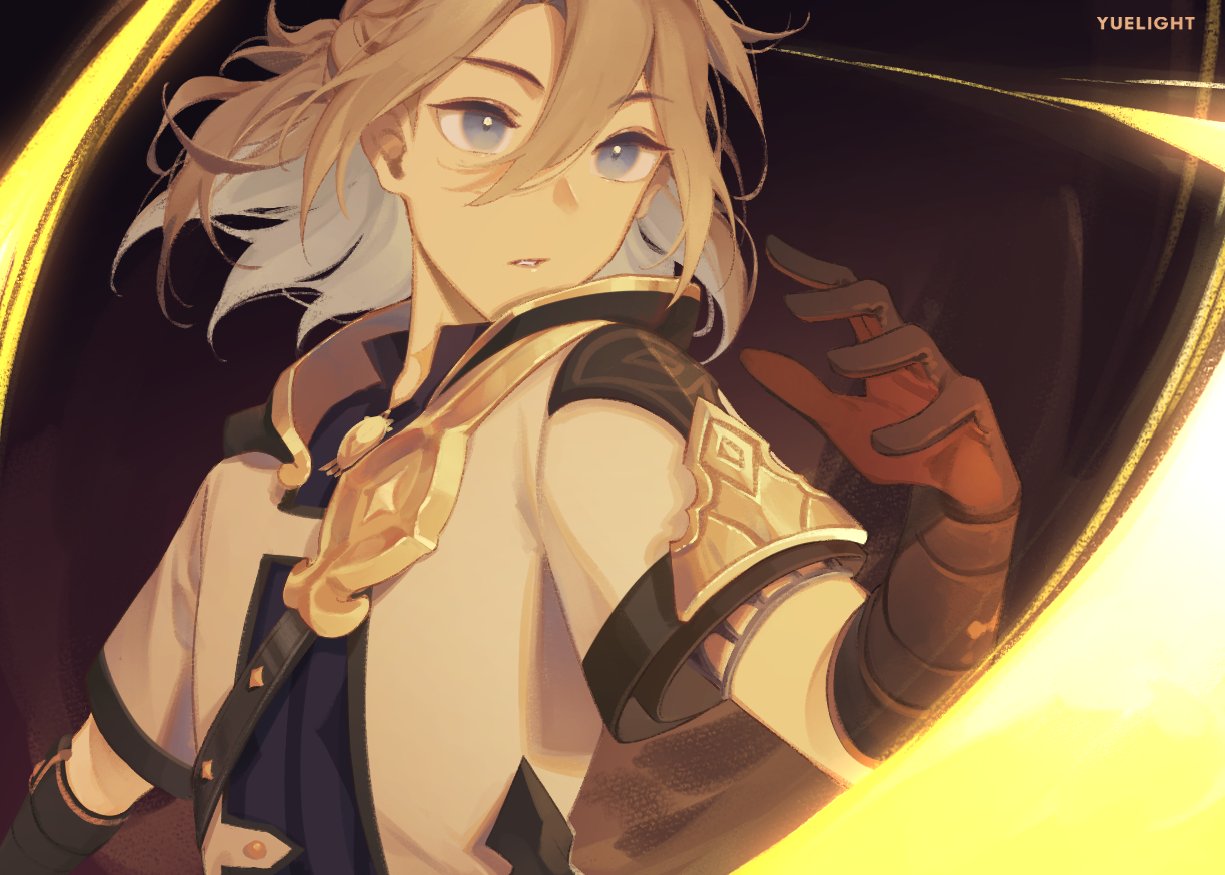 Safebooru - 1boy albedo (genshin impact) artist name black gloves blue eyes blue shirt brown ...